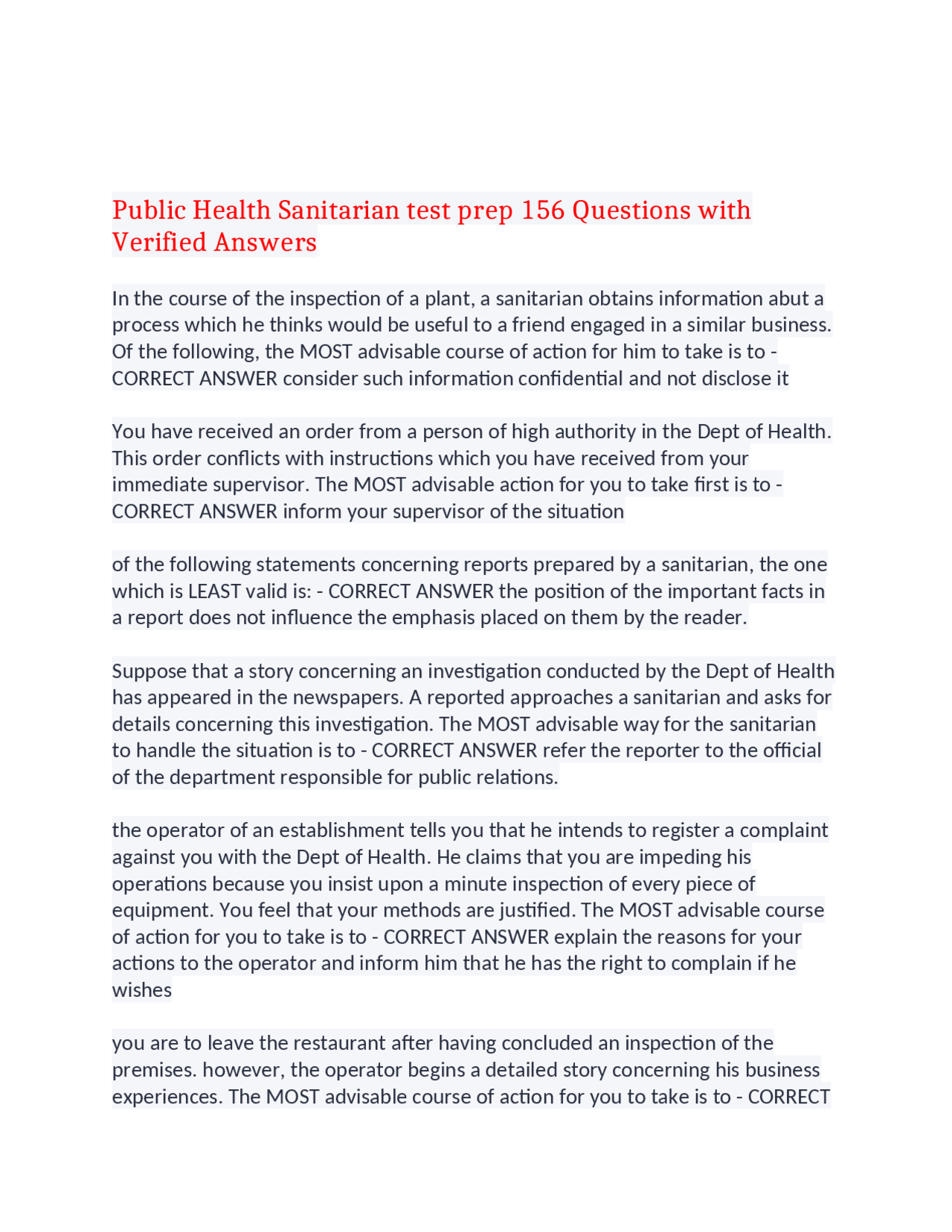 Public Health Sanitarian test prep 156 Questions with Verified Answers ...