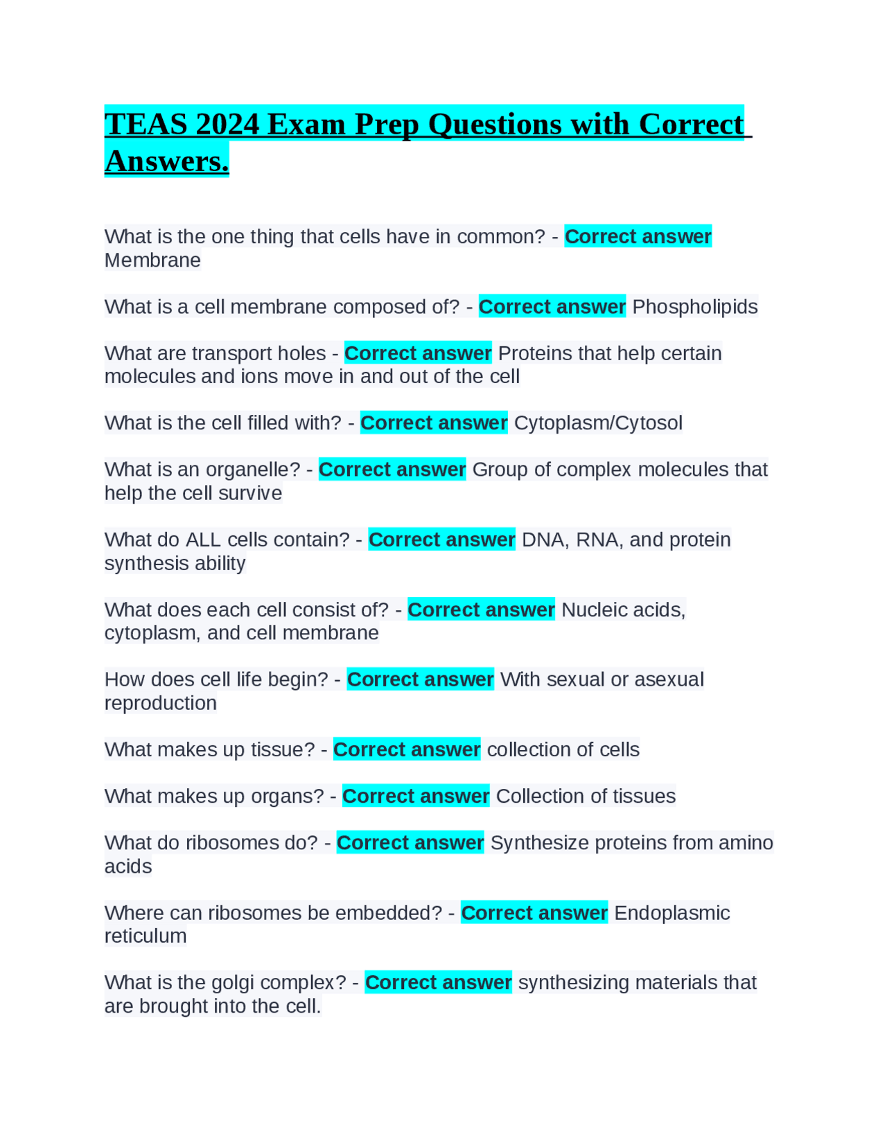TEAS 2024 Exam Prep Questions with Correct Answers. | Exams Nursing ...