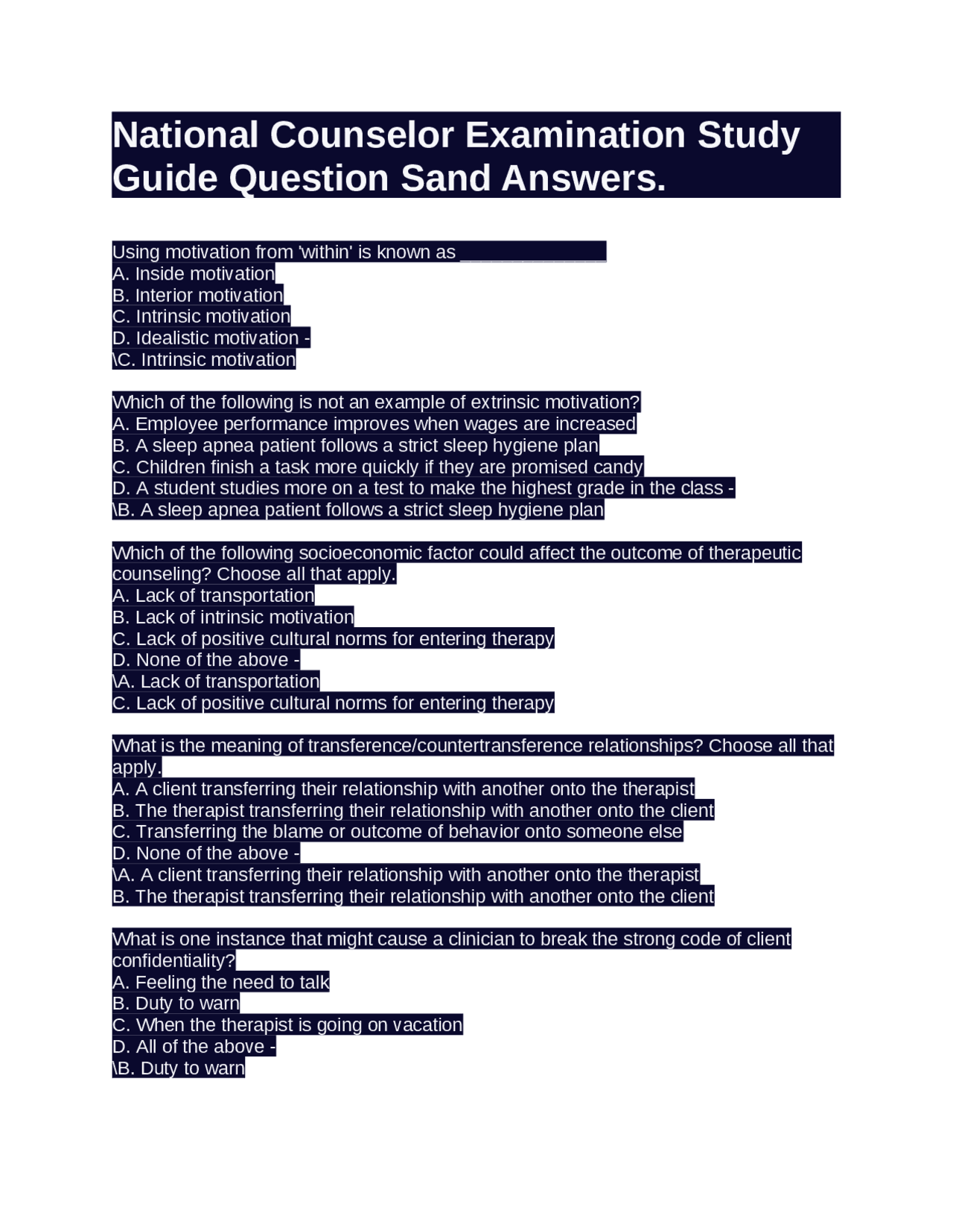 National Counselor Examination Study Guide Question Sand Answers ...