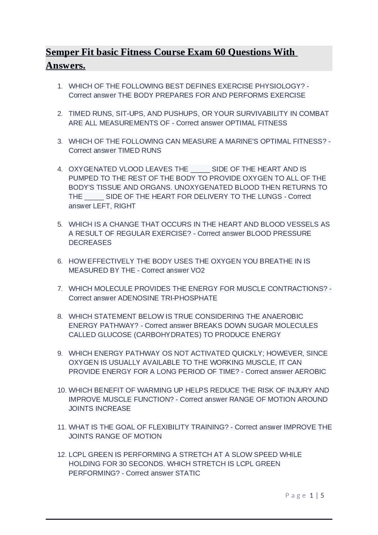 Semper Fit basic Fitness Course Exam 60 Questions With Answers. | Exams ...