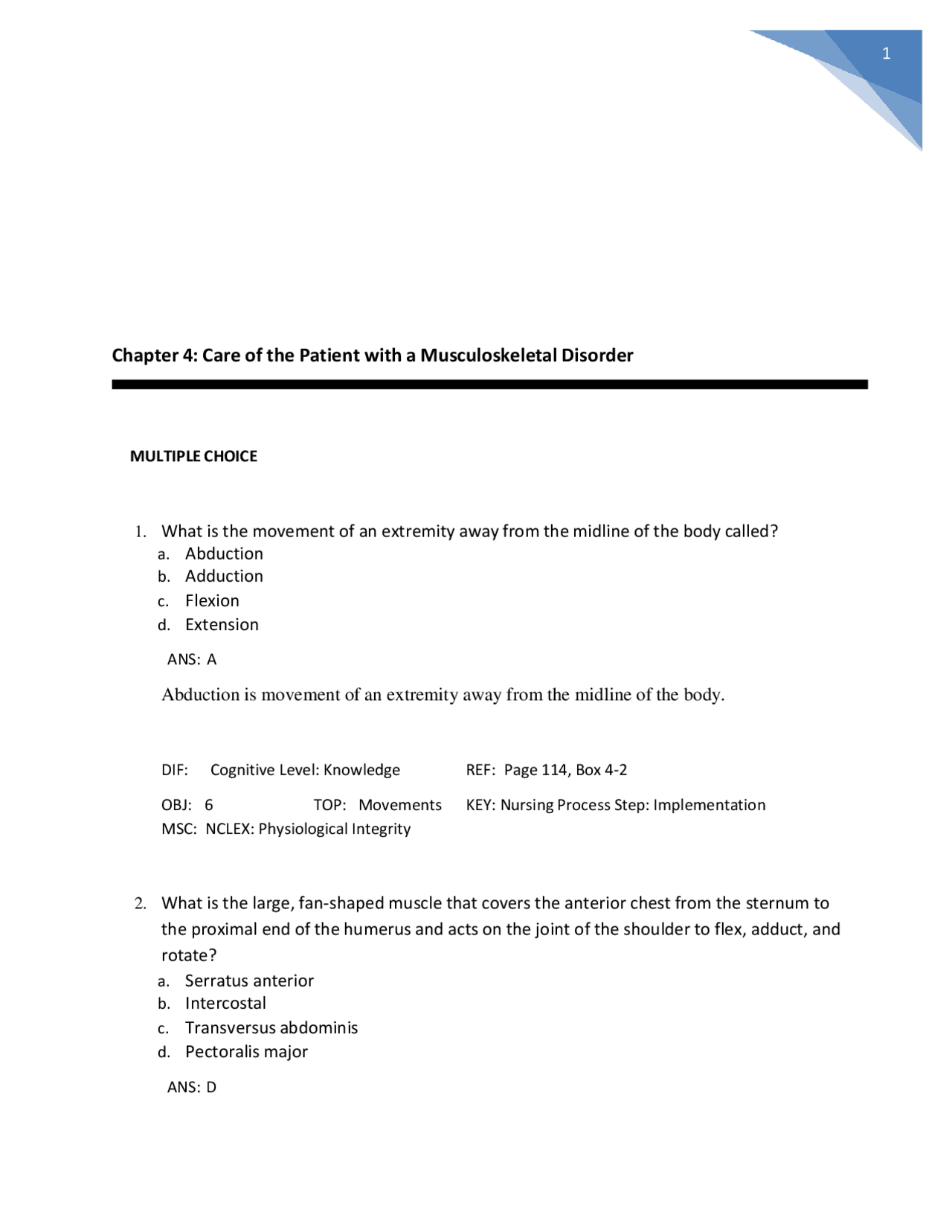 Care of the Patient with a Musculoskeletal Disorder exam with answers ...