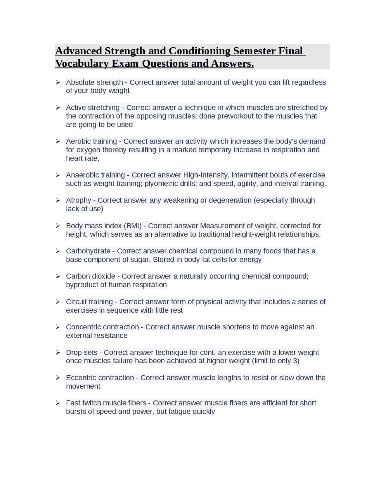 Advanced Strength and Conditioning Semester Final Vocabulary Exam ...