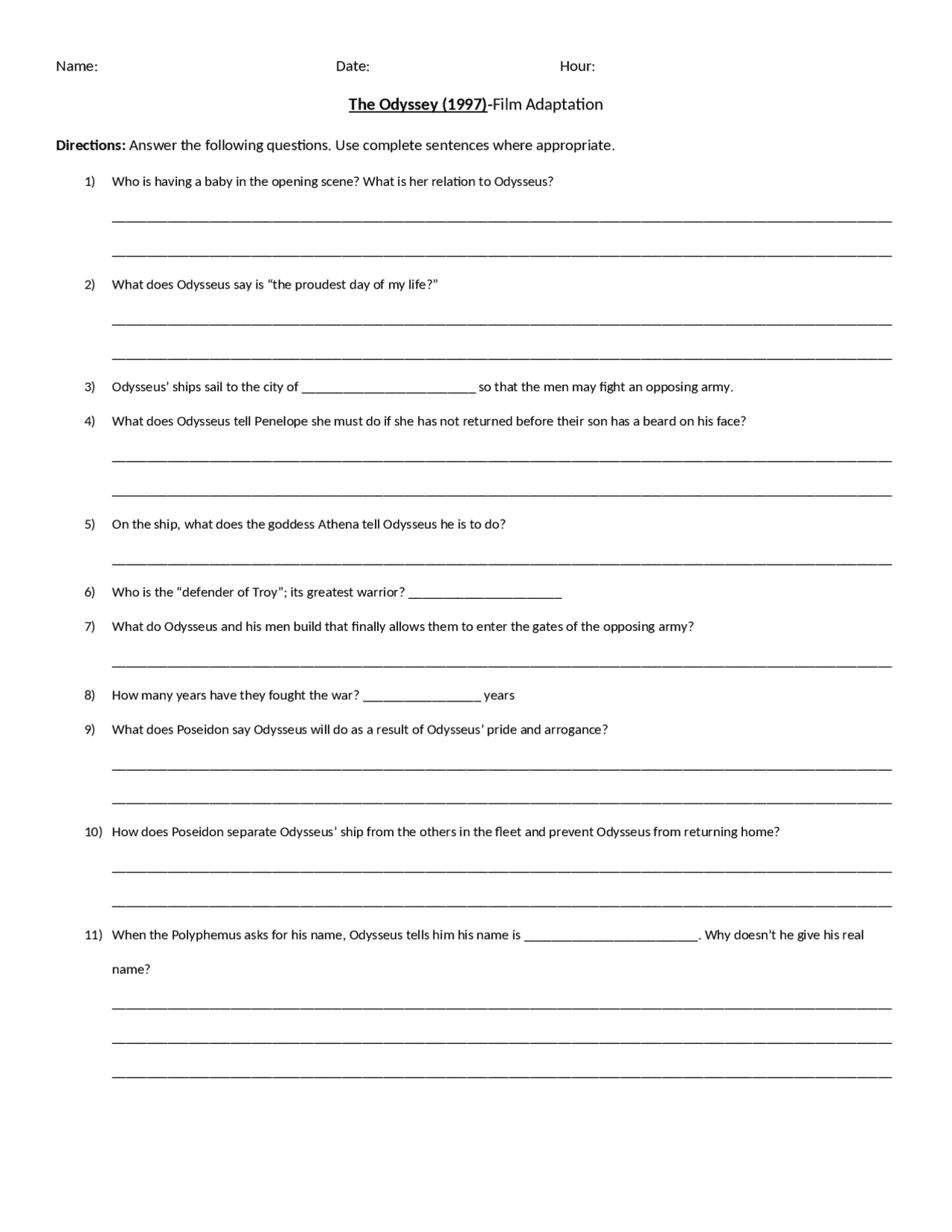 The Odyssey (1997) - Film Adaptation | Summaries Art | Docsity