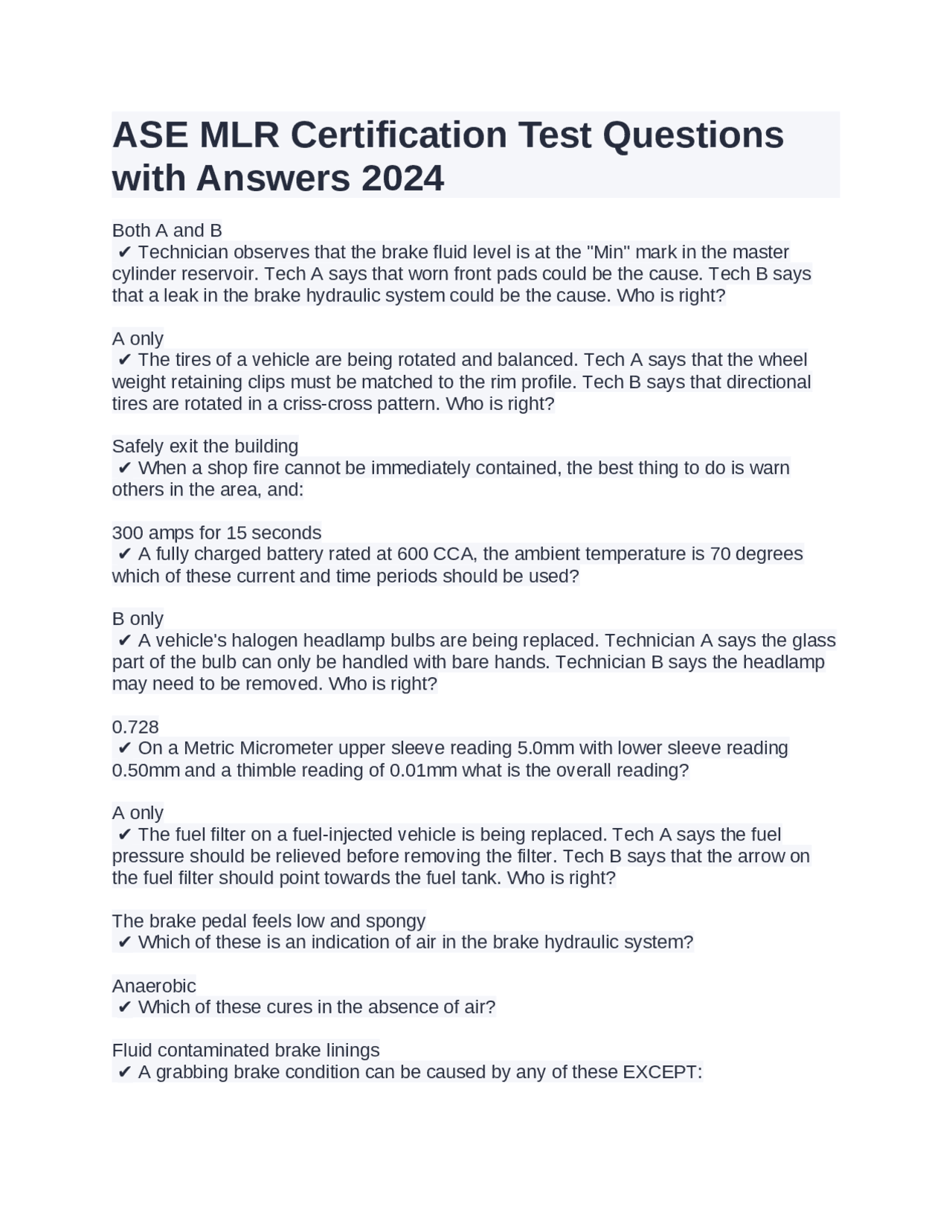 ASE MLR Certification Test Questions with Answers 2024 | Exams ...