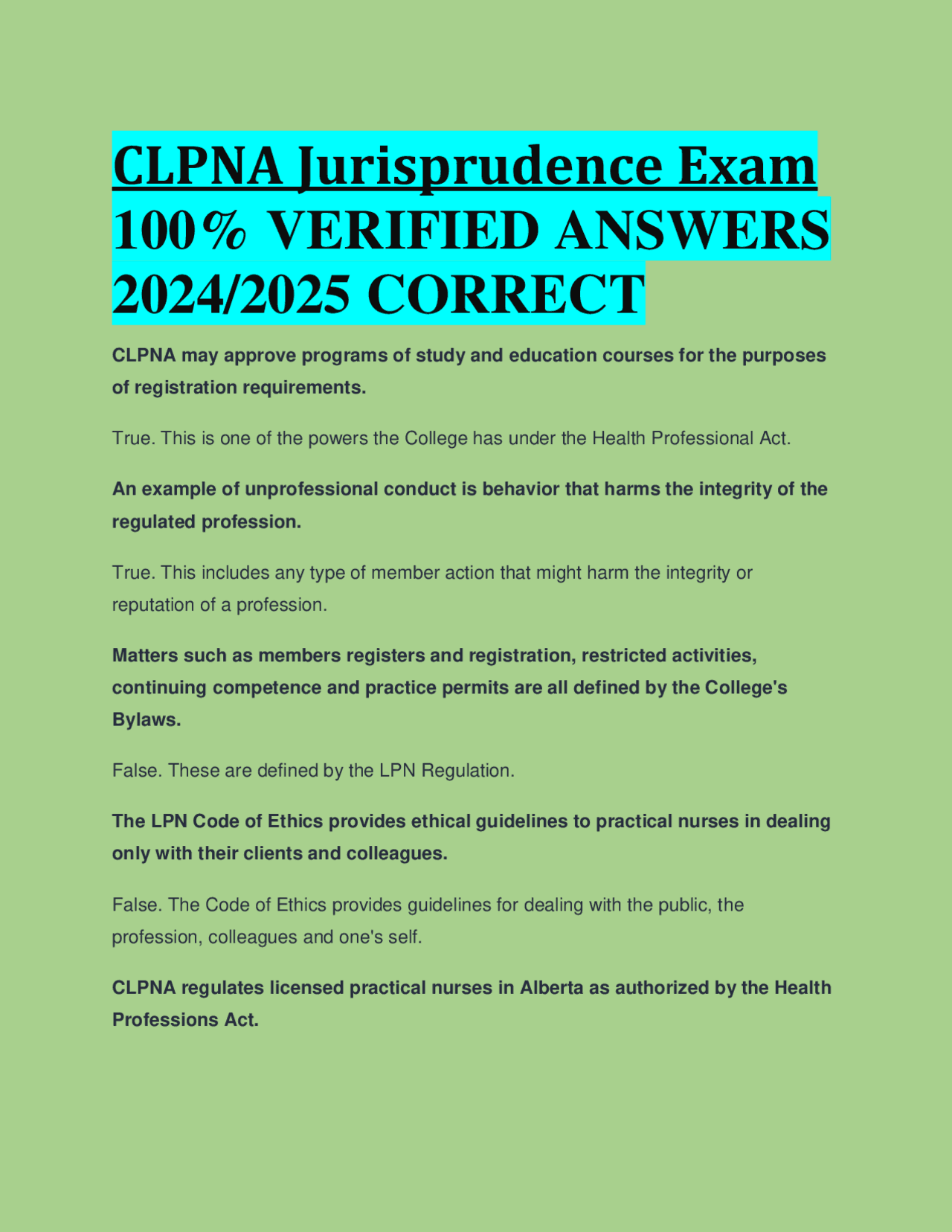 CLPNA Jurisprudence Exam 100% VERIFIED ANSWERS 2024/2025 CORRECT ...