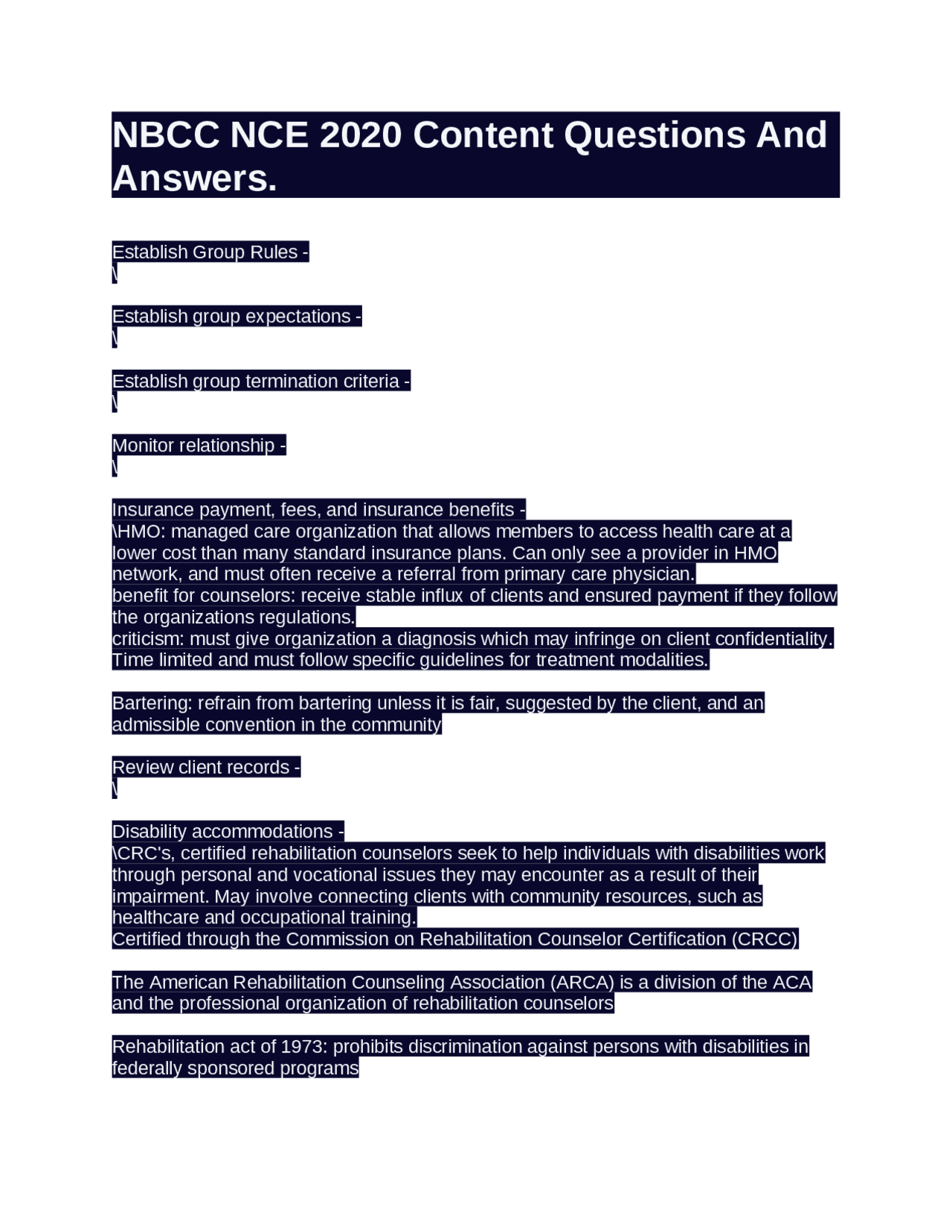 NBCC NCE 2020 Content Questions and Answers: Counseling Practices and ...