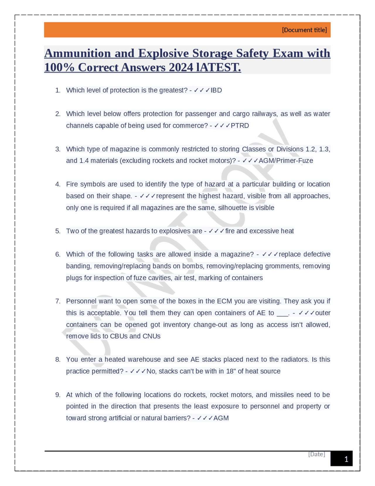 Ammunition and Explosive Storage Safety Exam with 100% Correct Answers ...