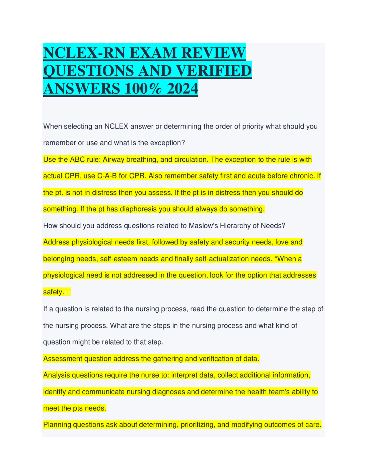 NCLEX-RN EXAM REVIEW QUESTIONS AND VERIFIED ANSWERS 100% 2024 RATED A++ ...