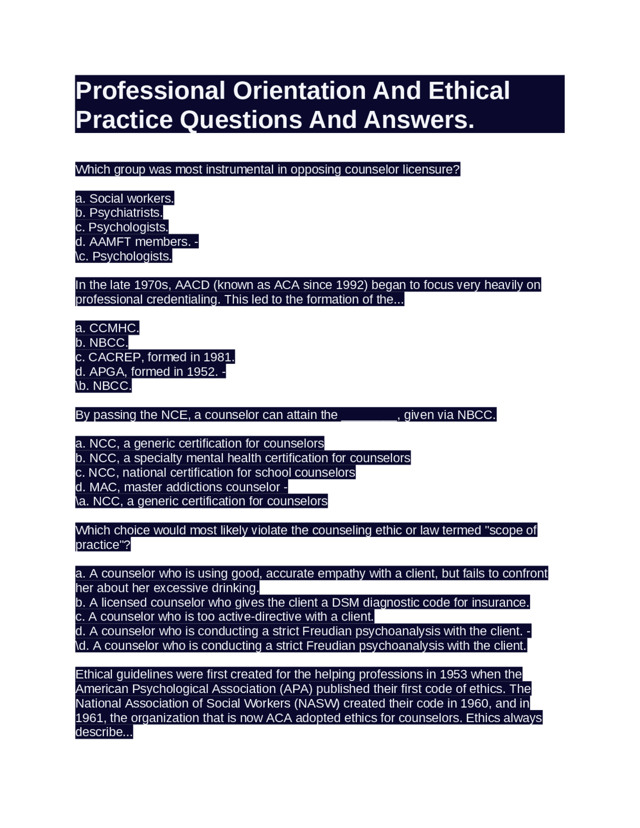 Professional Orientation And Ethical Practice Questions And Answers ...