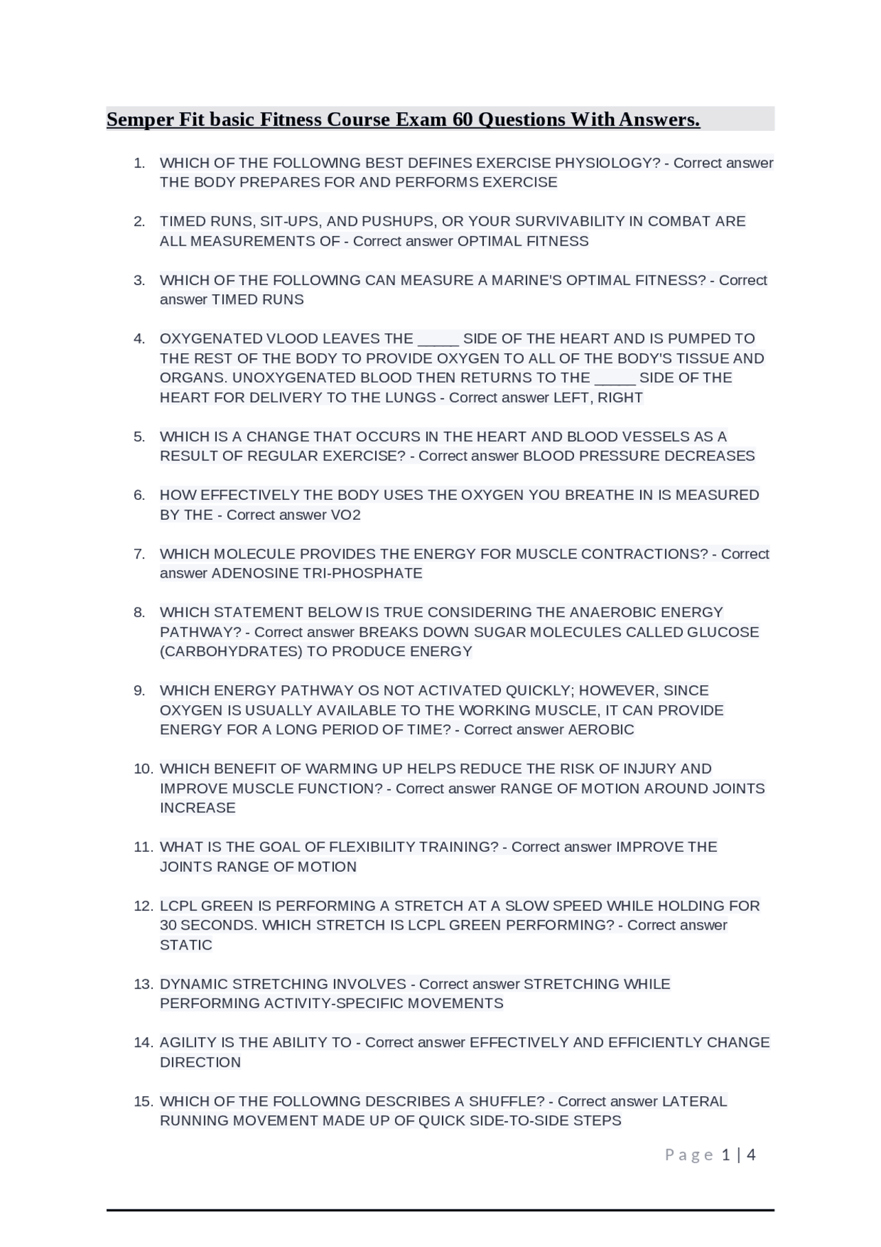Semper Fit basic Fitness Course Exam 60 Questions With Answers. | Exams ...