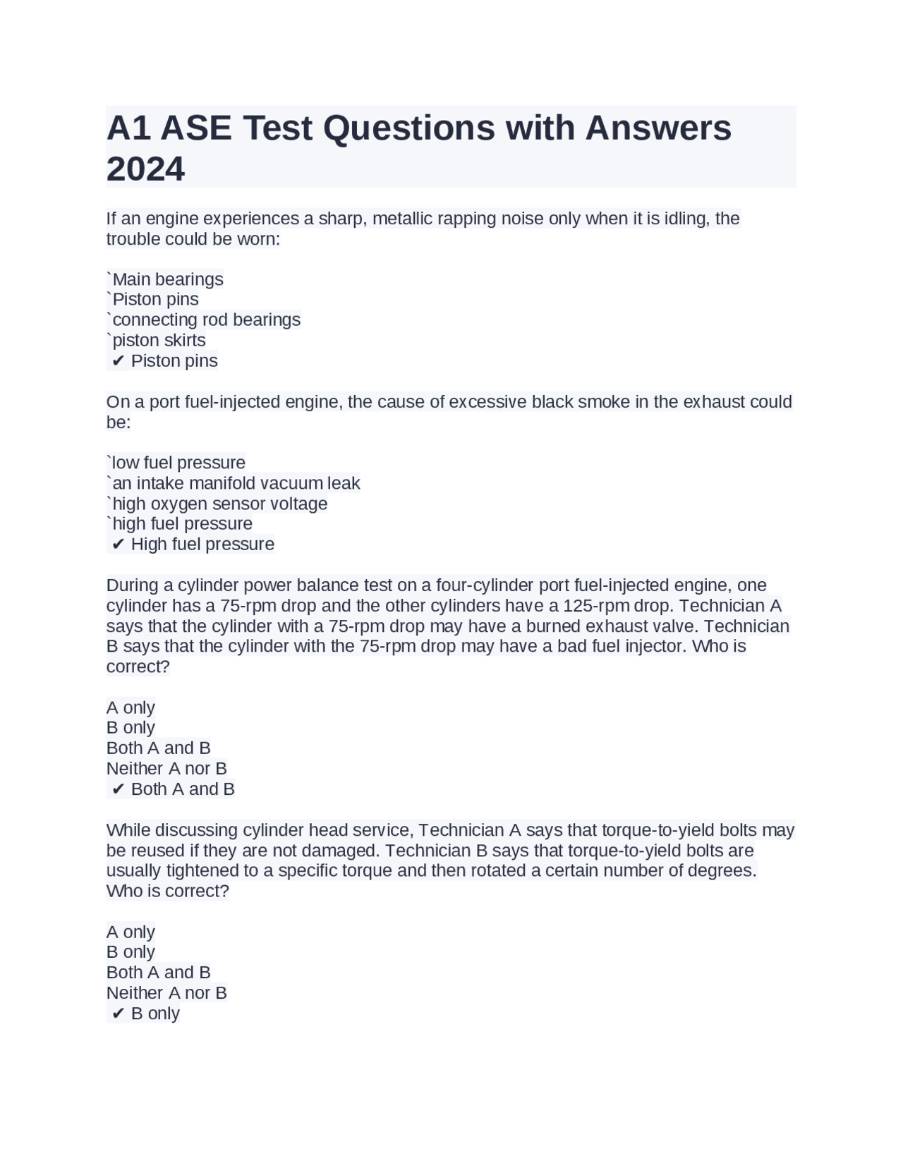 A1 ASE Test Questions with Answers 2024 | Exams Engineering | Docsity