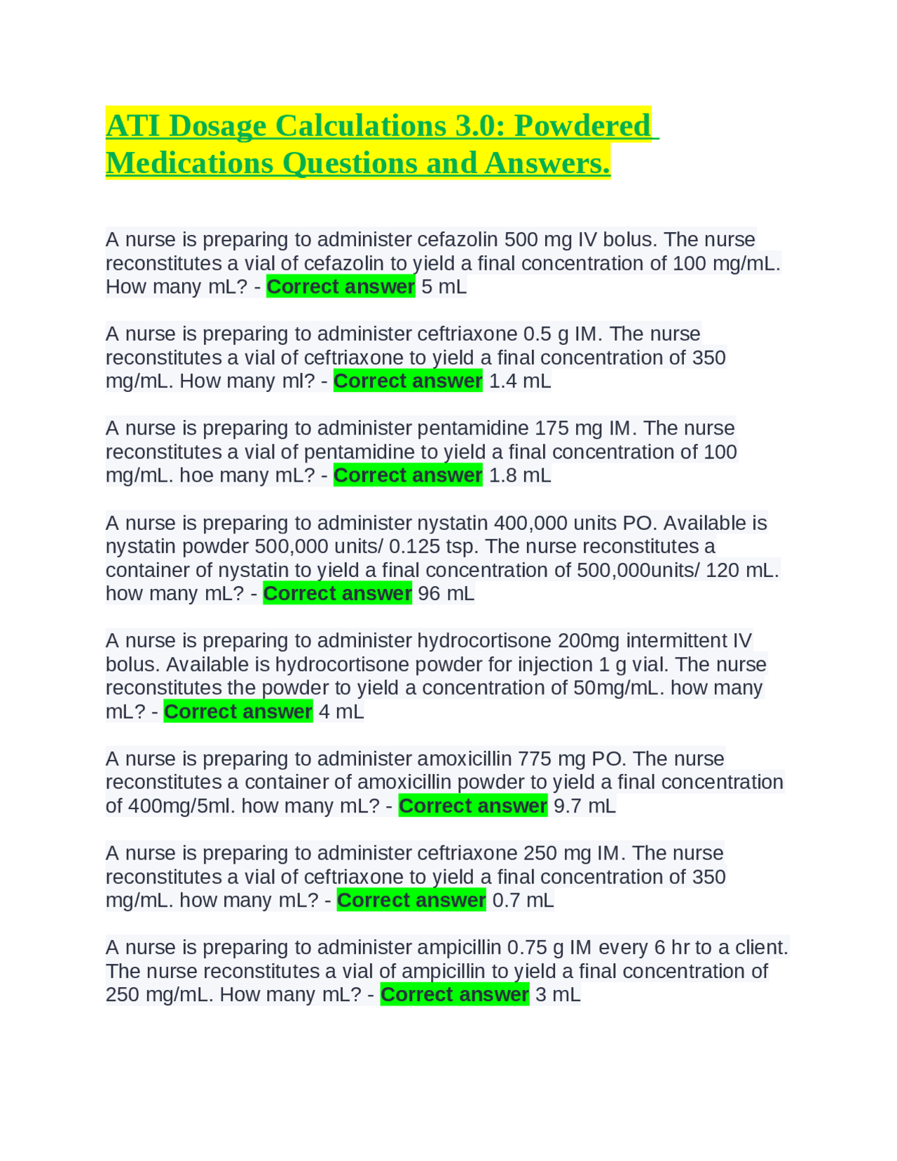 ATI Dosage Calculations 3.0: Powdered Medications Questions and Answers ...
