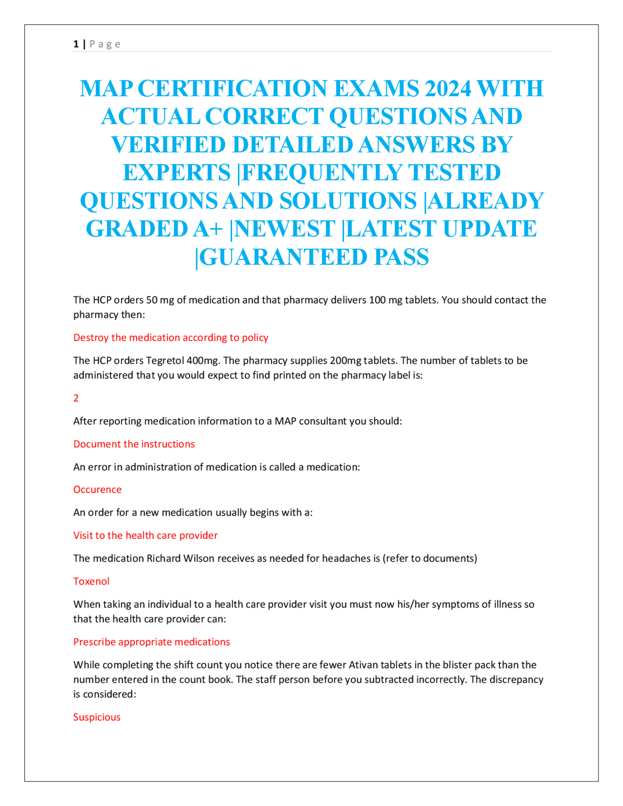 MAP CERTIFICATION EXAMS 2024 | Exams Nursing | Docsity