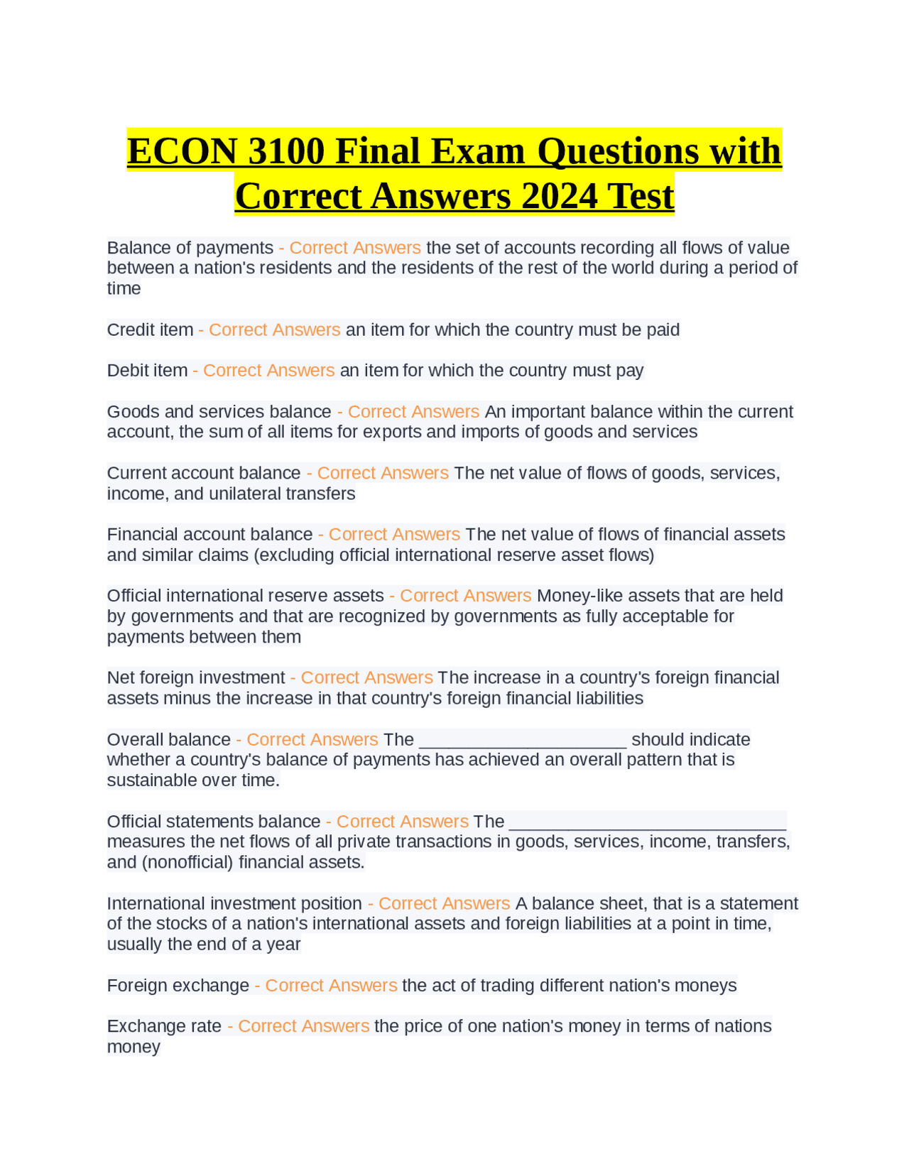 ECON 3100 Final Exam Questions with Correct Answers 2024 Test | Exams ...