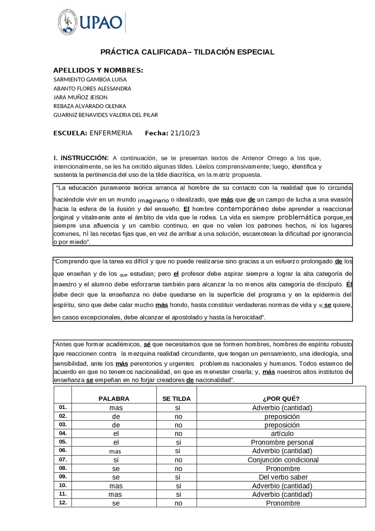 Tildación - lenguaje | Ejercicios de Lenguaje publicitairio | Docsity