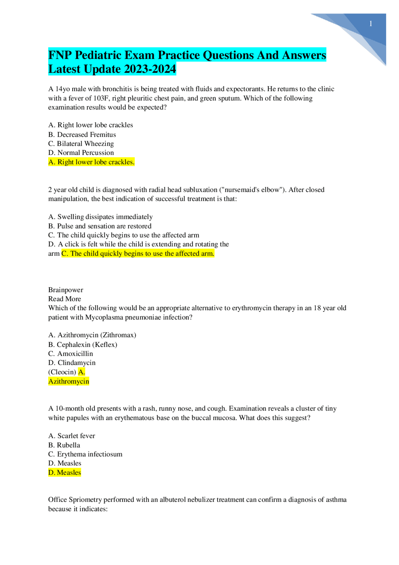 FNP Pediatric Exam Practice Questions And Answers Latest Update 2023 ...