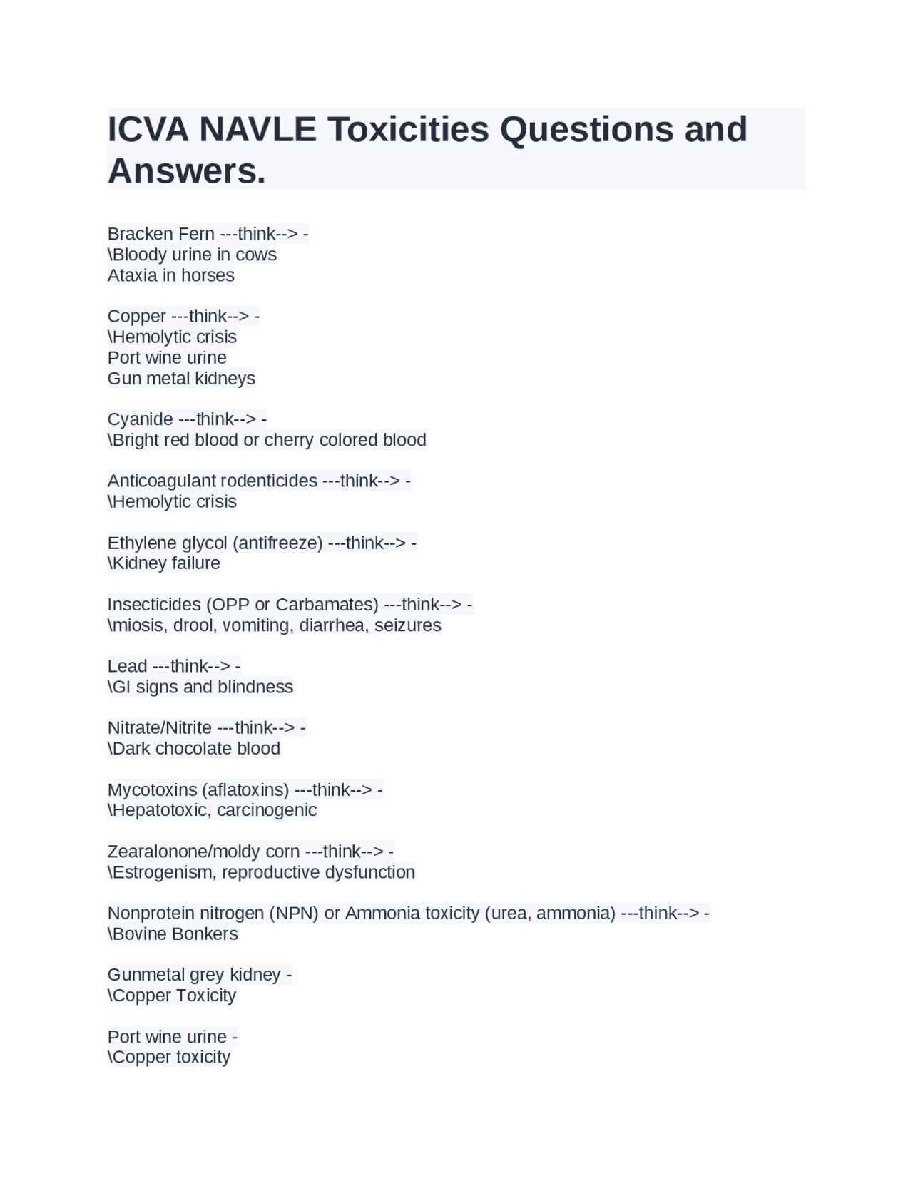 ICVA NAVLE Toxicities Questions and Answers. | Exams Medicine | Docsity