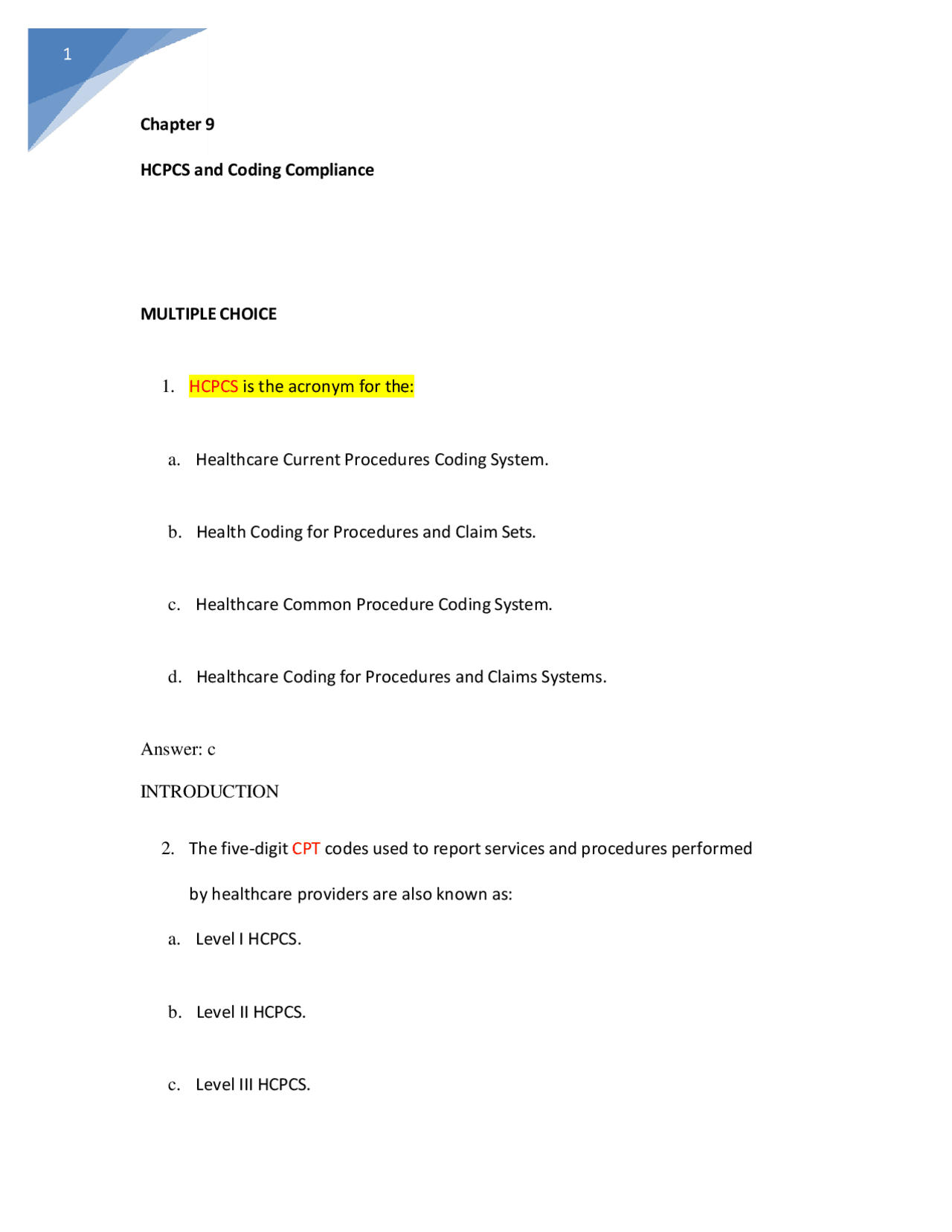 Understanding HCPCS Codes for Healthcare Billing | Exams Nursing | Docsity