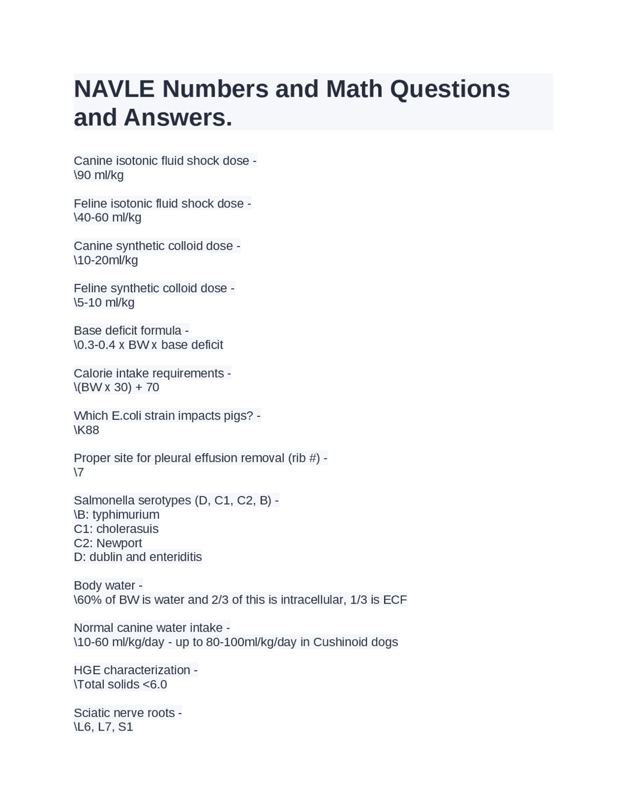 NAVLE Numbers and Math Questions and Answers. | Exams Medicine | Docsity