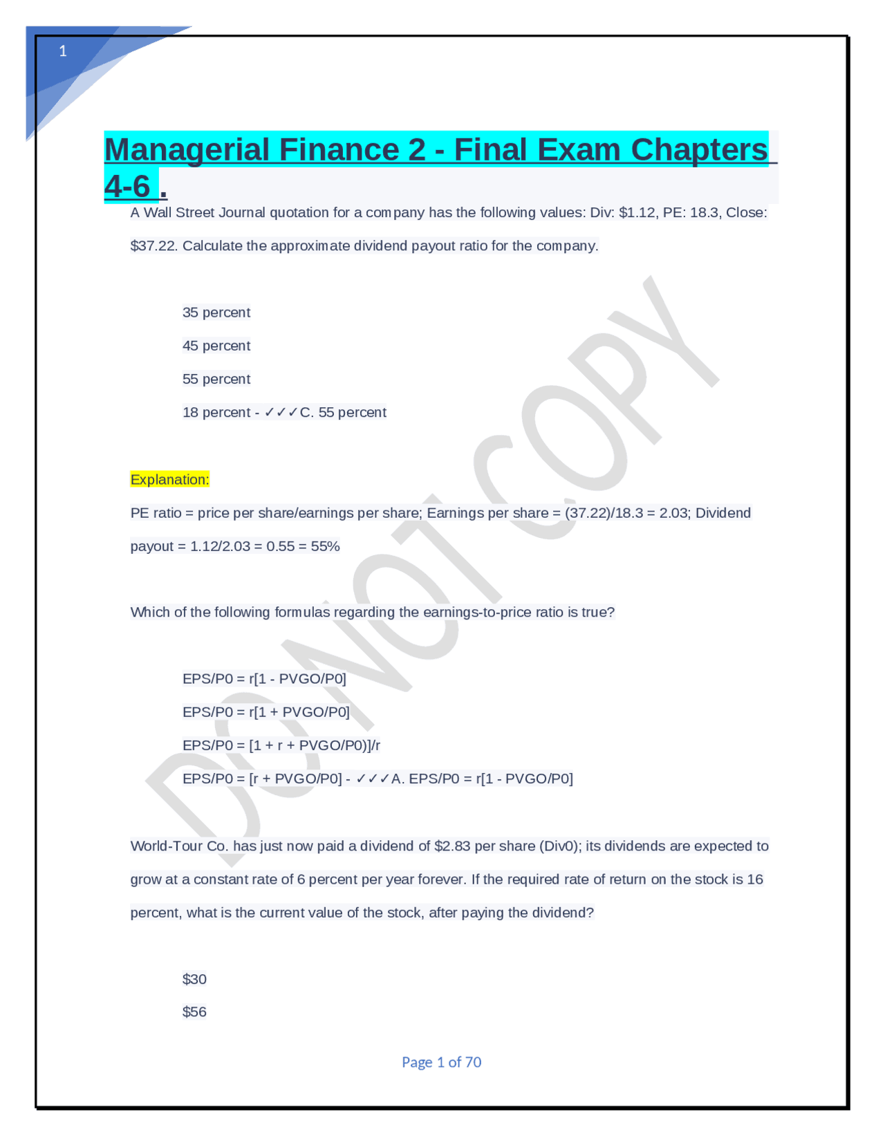 Managerial Finance 2 - Final Exam Chapters 4-6 . | Exams Finance | Docsity