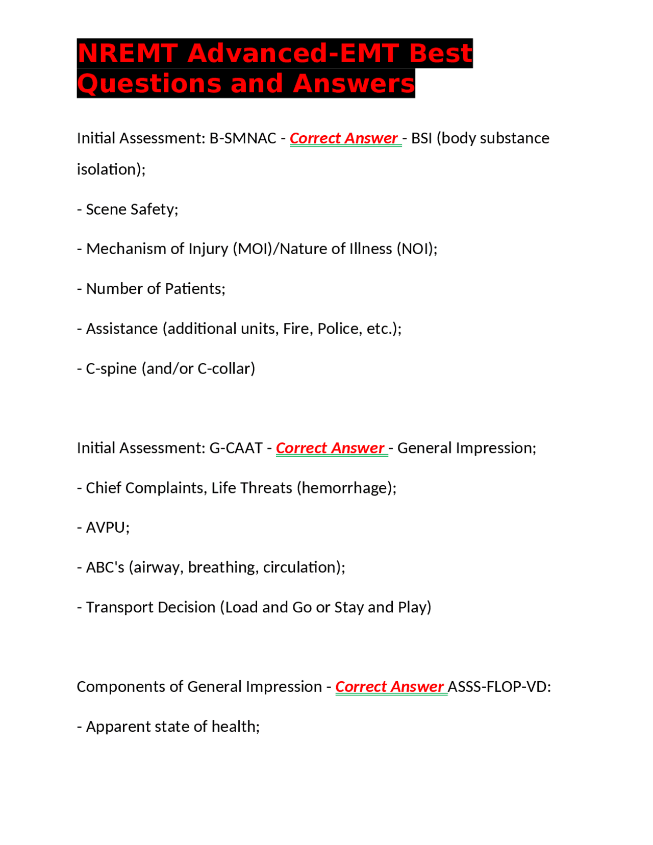 NREMT Advanced-EMT Best Questions and Answers: Key Concepts in Emergency Medical Care | Exams ...