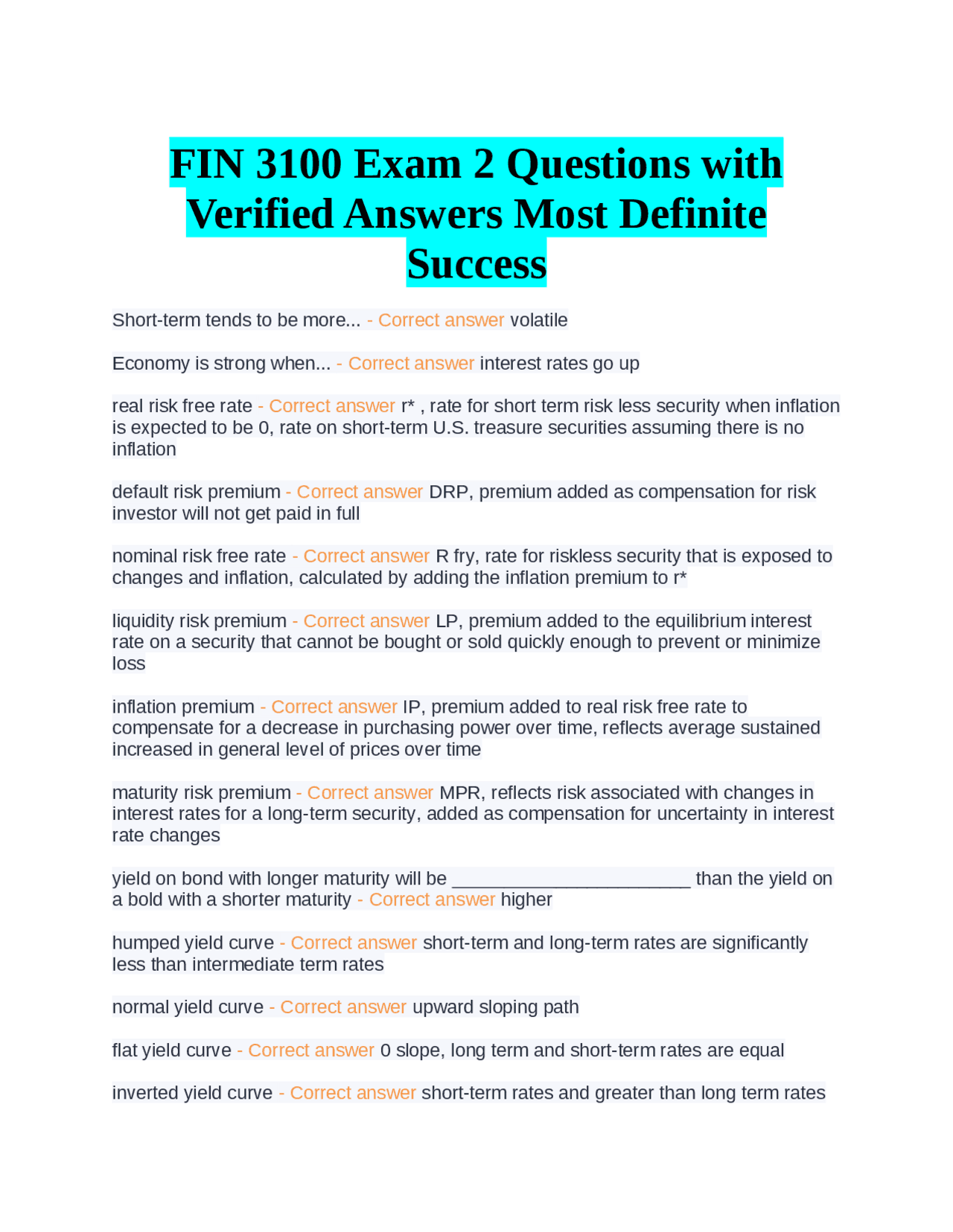 FIN 3100 Exam 2: Fixed Income Securities | Exams Finance | Docsity