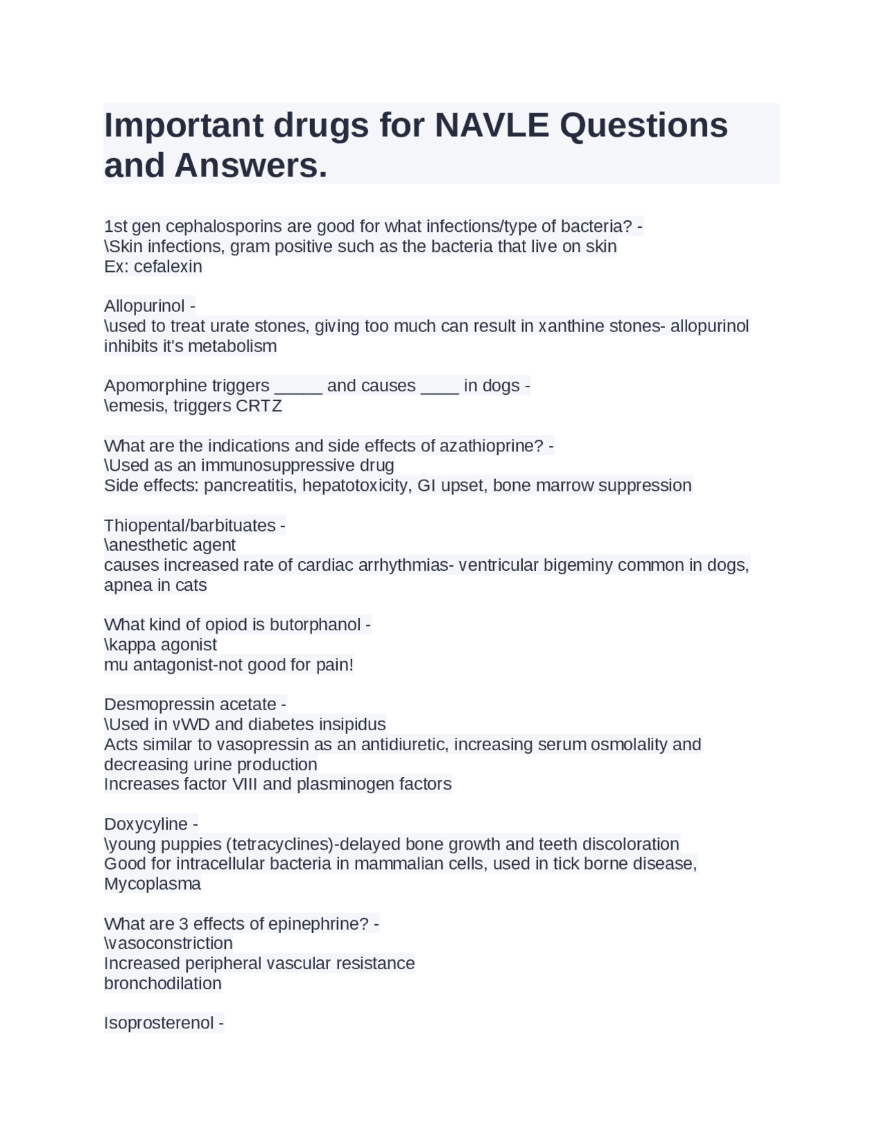 Important drugs for NAVLE Questions and Answers. | Exams Medicine | Docsity