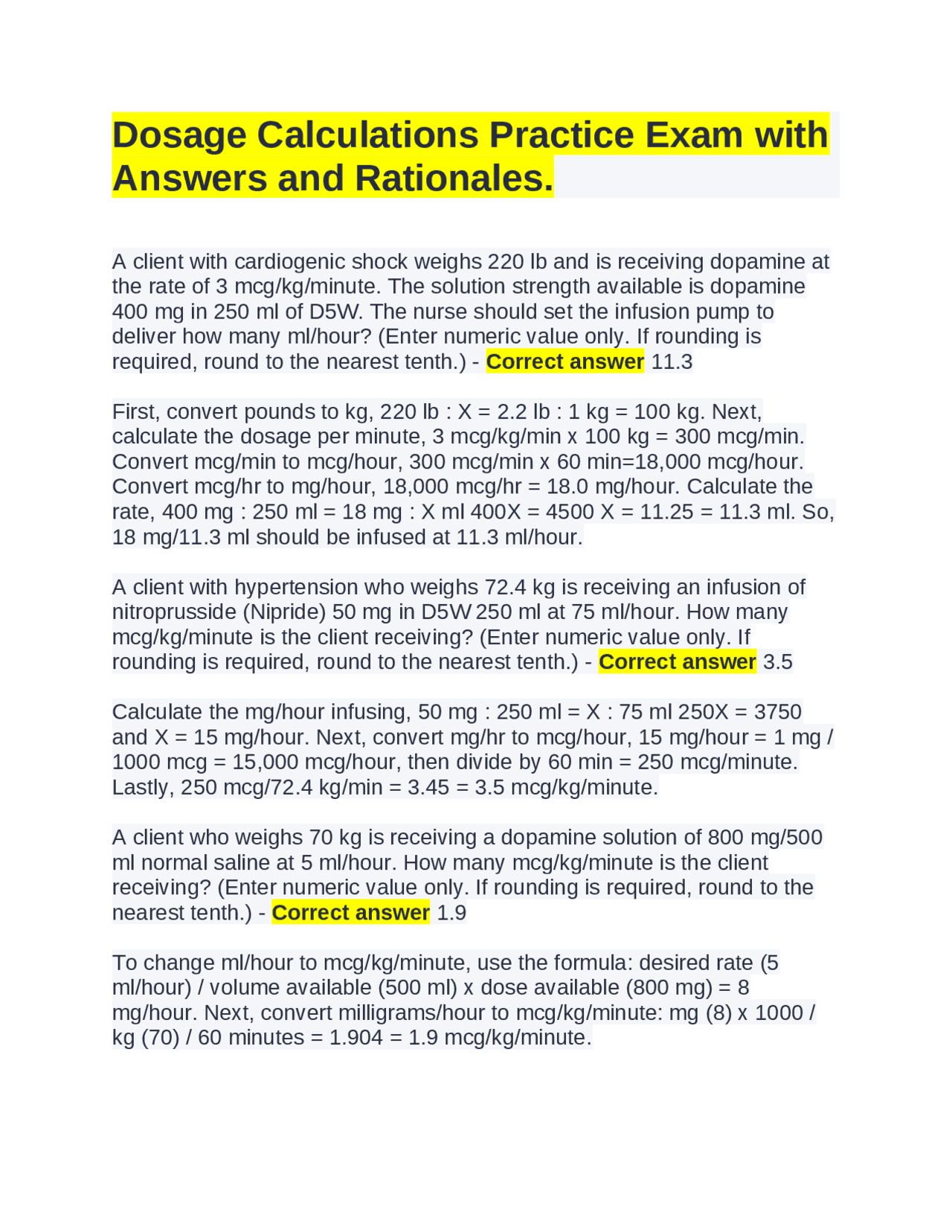 Dosage Calculations Practice Exam with Answers and Rationales. | Exams ...