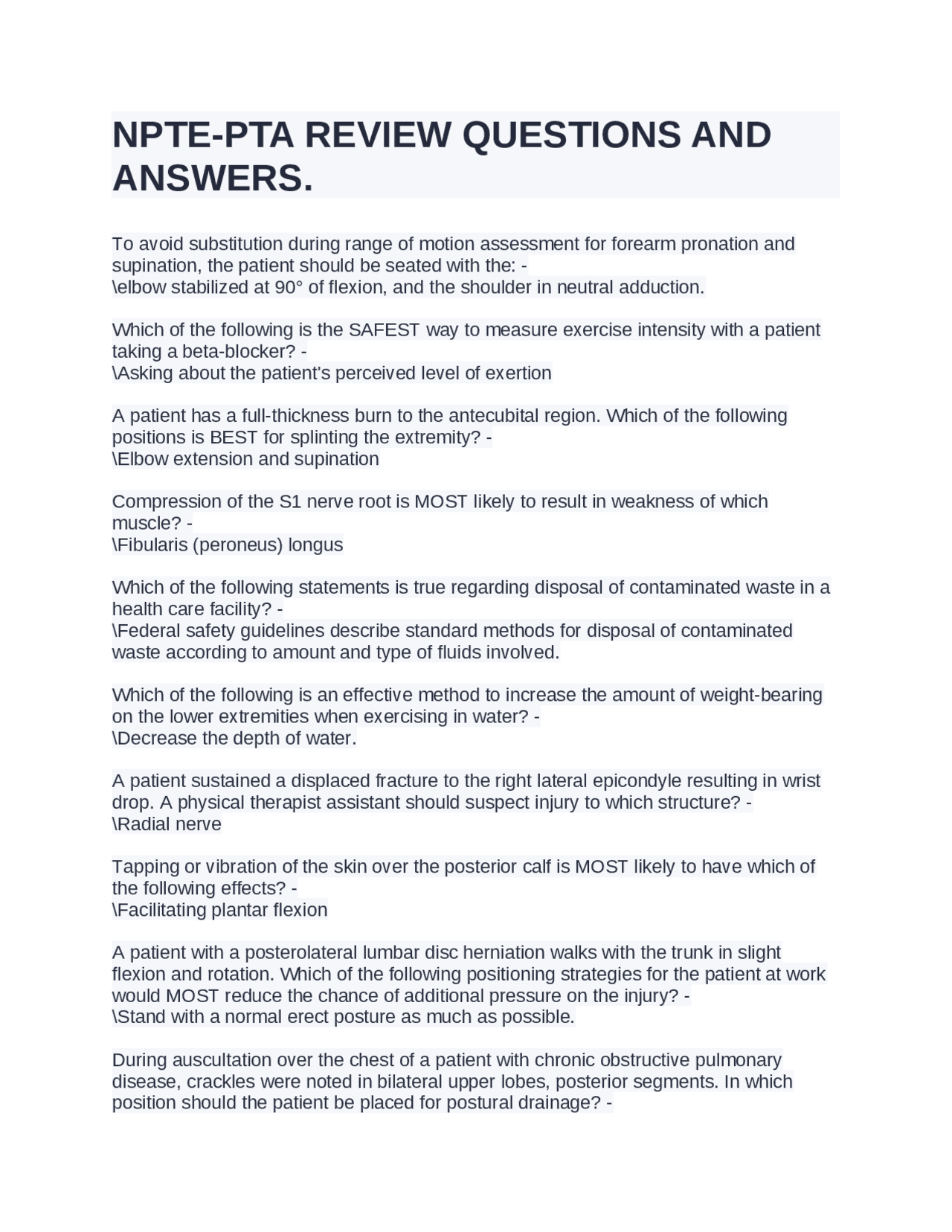NPTE-PTA REVIEW QUESTIONS AND ANSWERS | Exams Medicine | Docsity