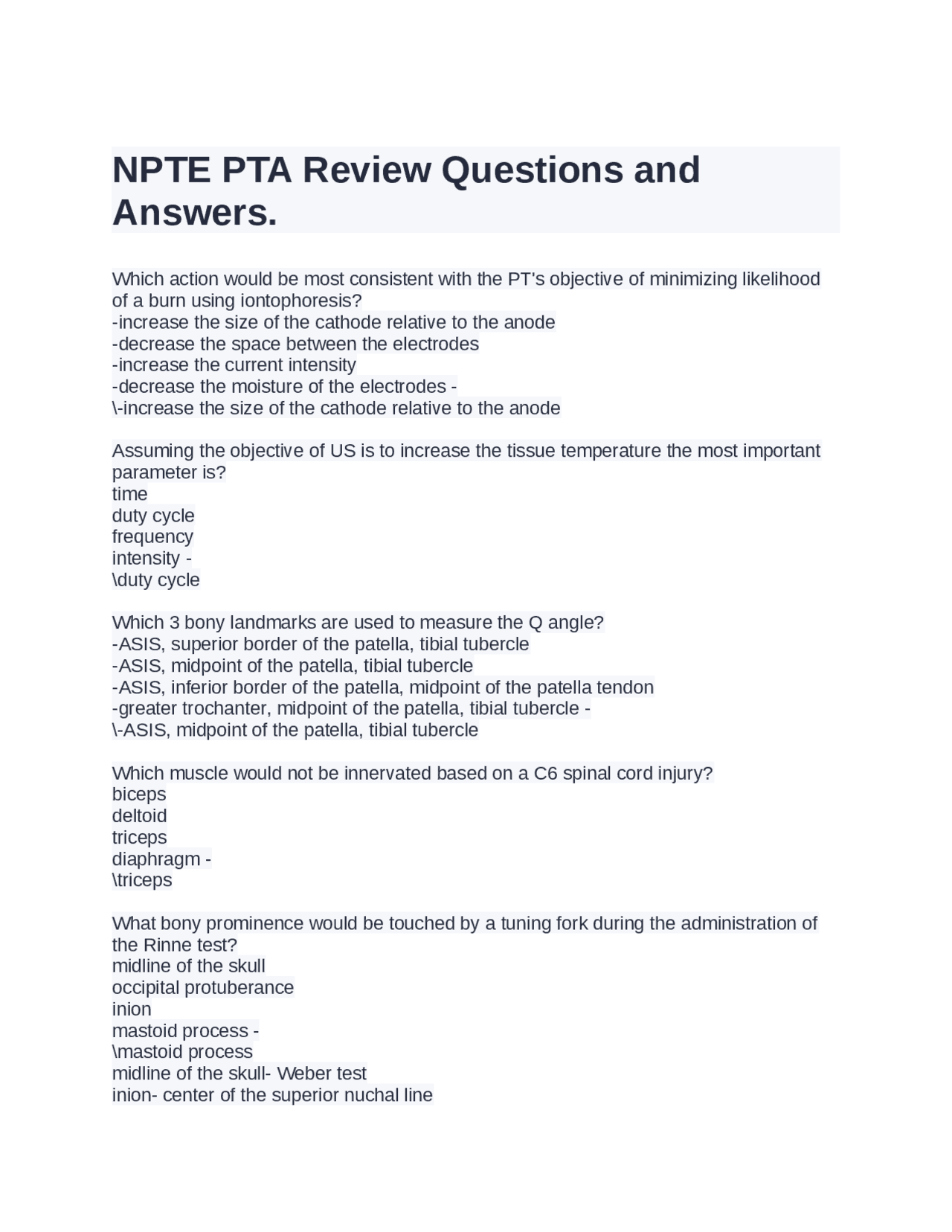 NPTE PTA Review Questions and Answers. | Exams Medicine | Docsity