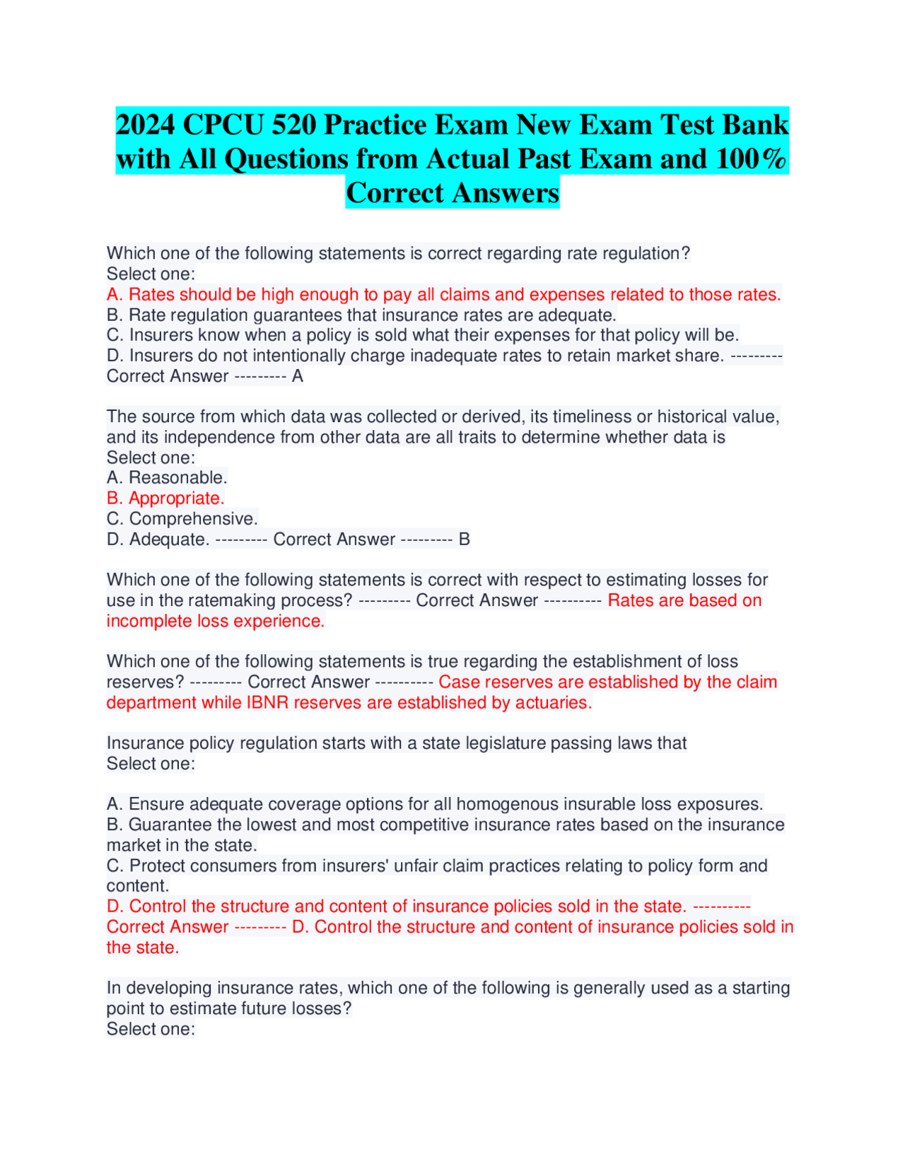 2024 CPCU 520 Practice Exam New Exam Test Bank with All Questions from ...