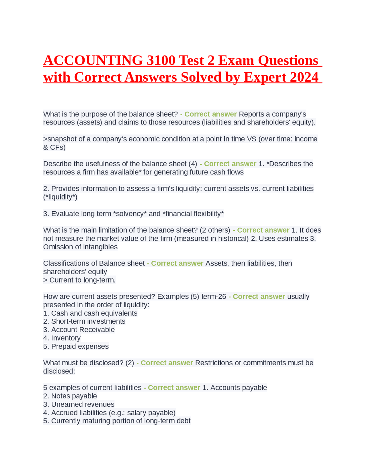 ACCOUNTING 3100 Test 2 Exam Questions with Correct Answers Solved by ...