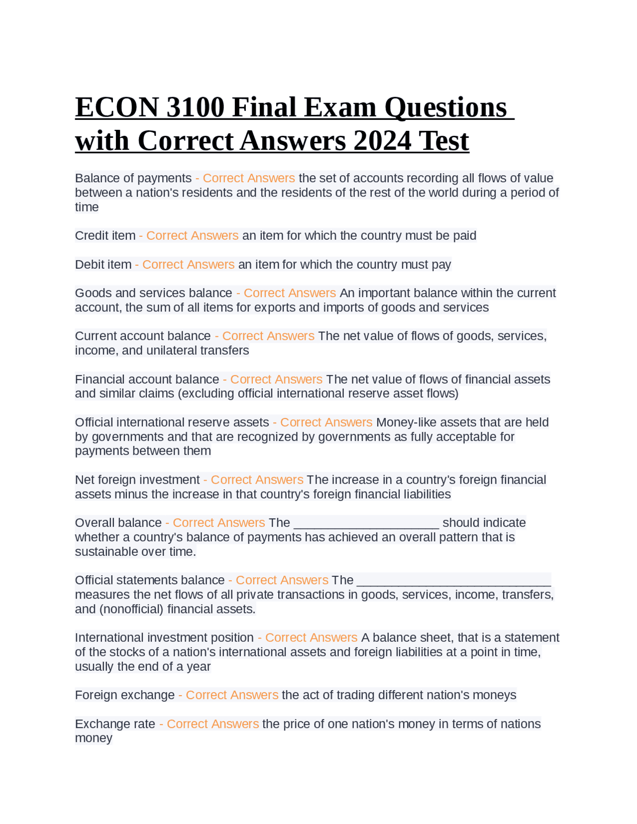 ECON 3100 Final Exam Questions with Correct Answers 2024 Test | Exams ...