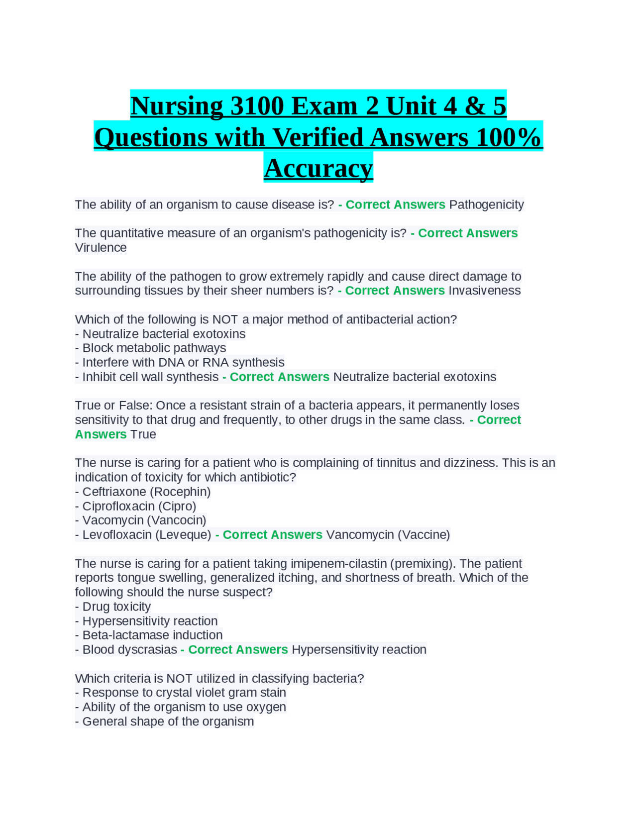 Nursing 3100 Exam 2 Unit 4 & 5 Questions with Verified Answers 100% Accuracy | Exams Nursing ...