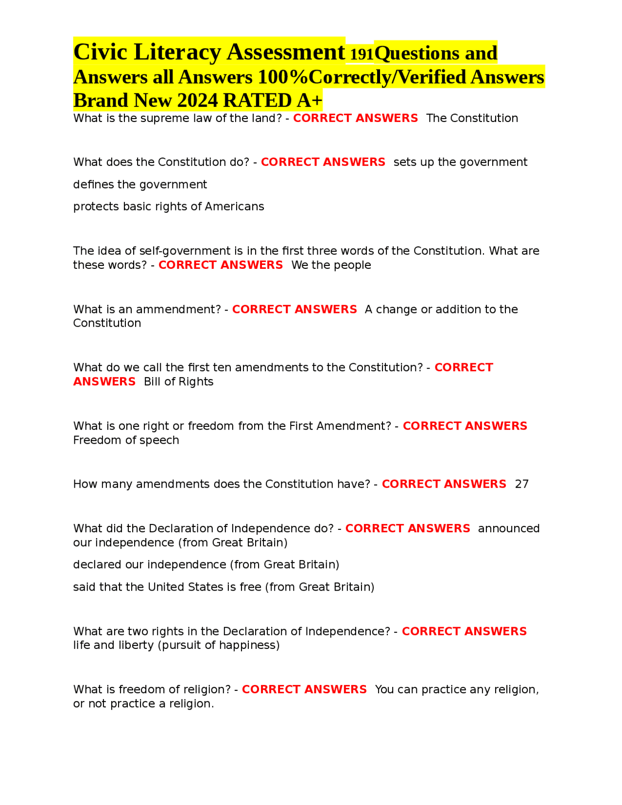 Civic Literacy Assessment 191Questions and Answers all Answers 100 ...