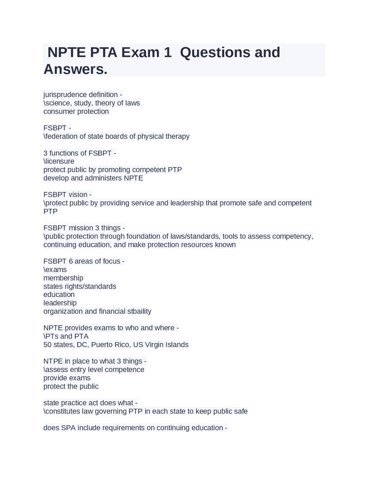 NPTE PTA Exam 1 Questions and Answers. | Exams Medicine | Docsity