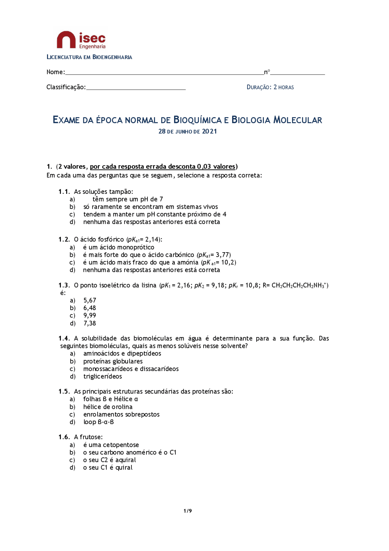 Exame Normal de Bioquímica | Provas Bioquímica | Docsity