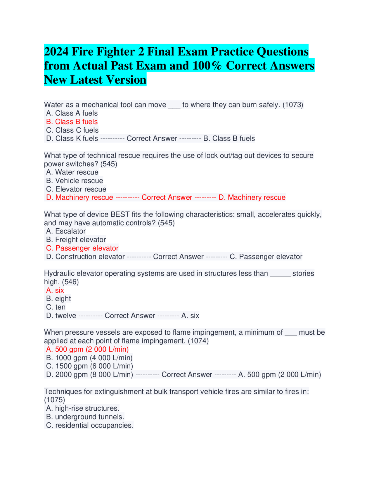 2024 Fire Fighter 2 Final Exam Practice Questions from Actual Past Exam and 100% Correct | Exams ...