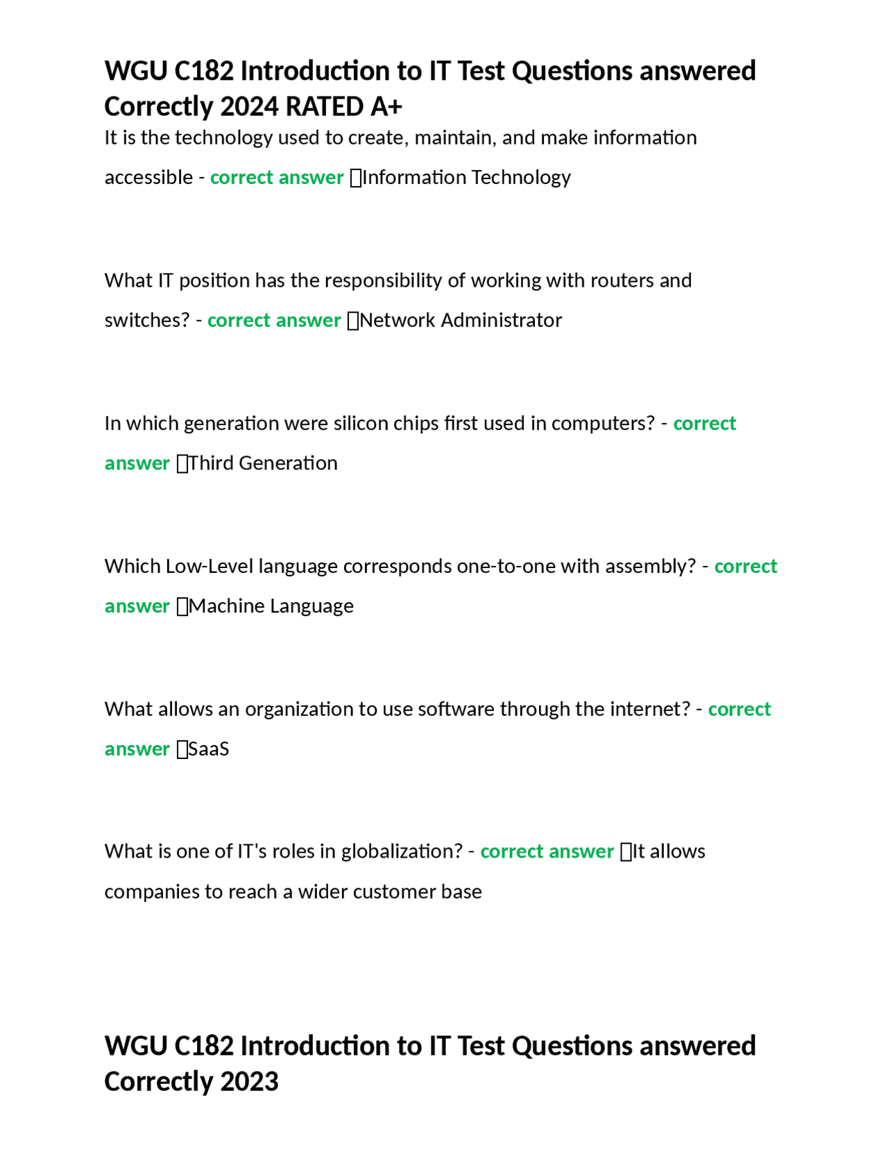 WGU C182 Introduction to IT Test Questions and Answers | Exams Nursing ...