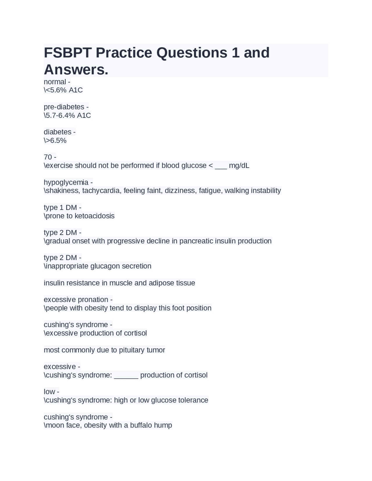 FSBPT Practice Questions 1 and Answers. | Exams Medicine | Docsity