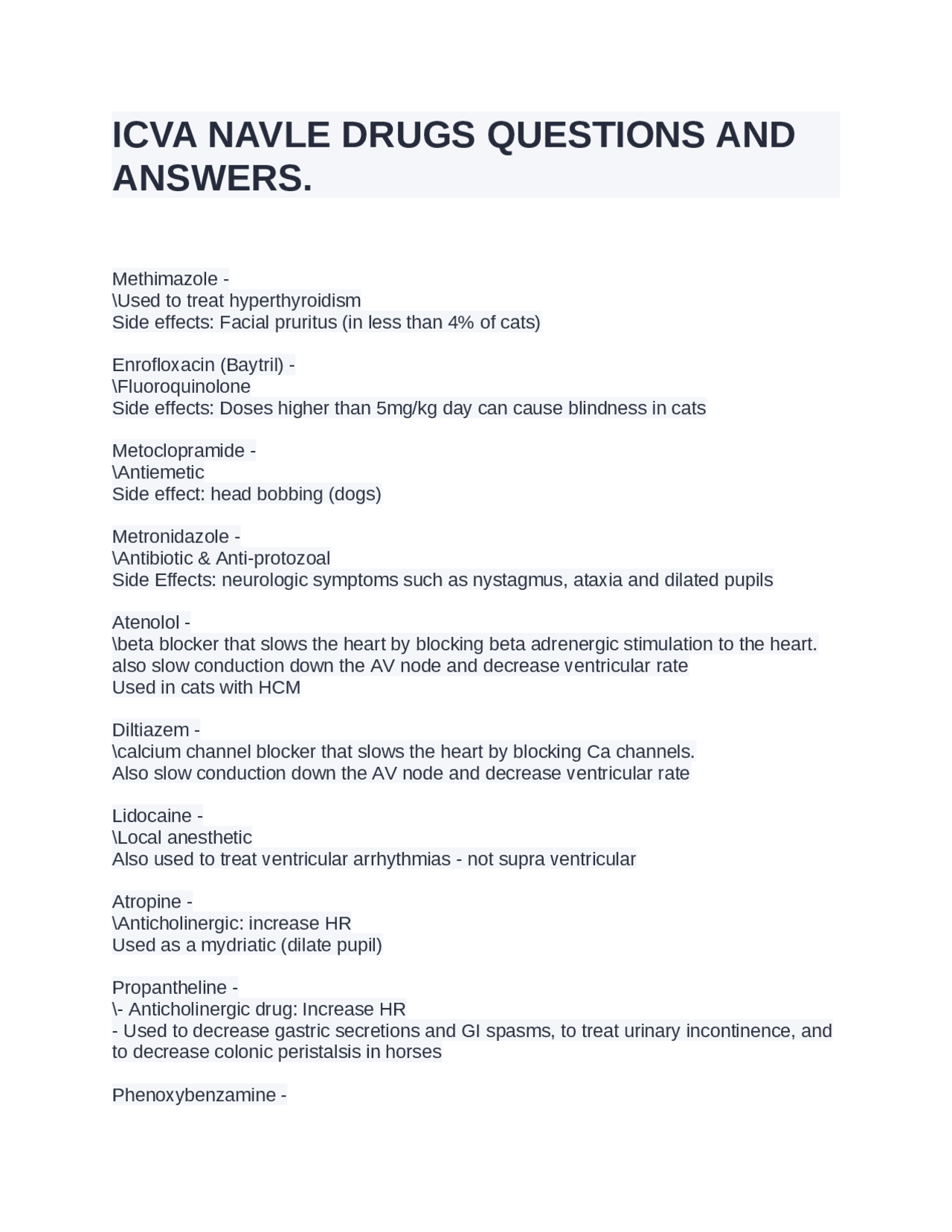 ICVA NAVLE DRUGS QUESTIONS AND ANSWERS. | Exams Medicine | Docsity