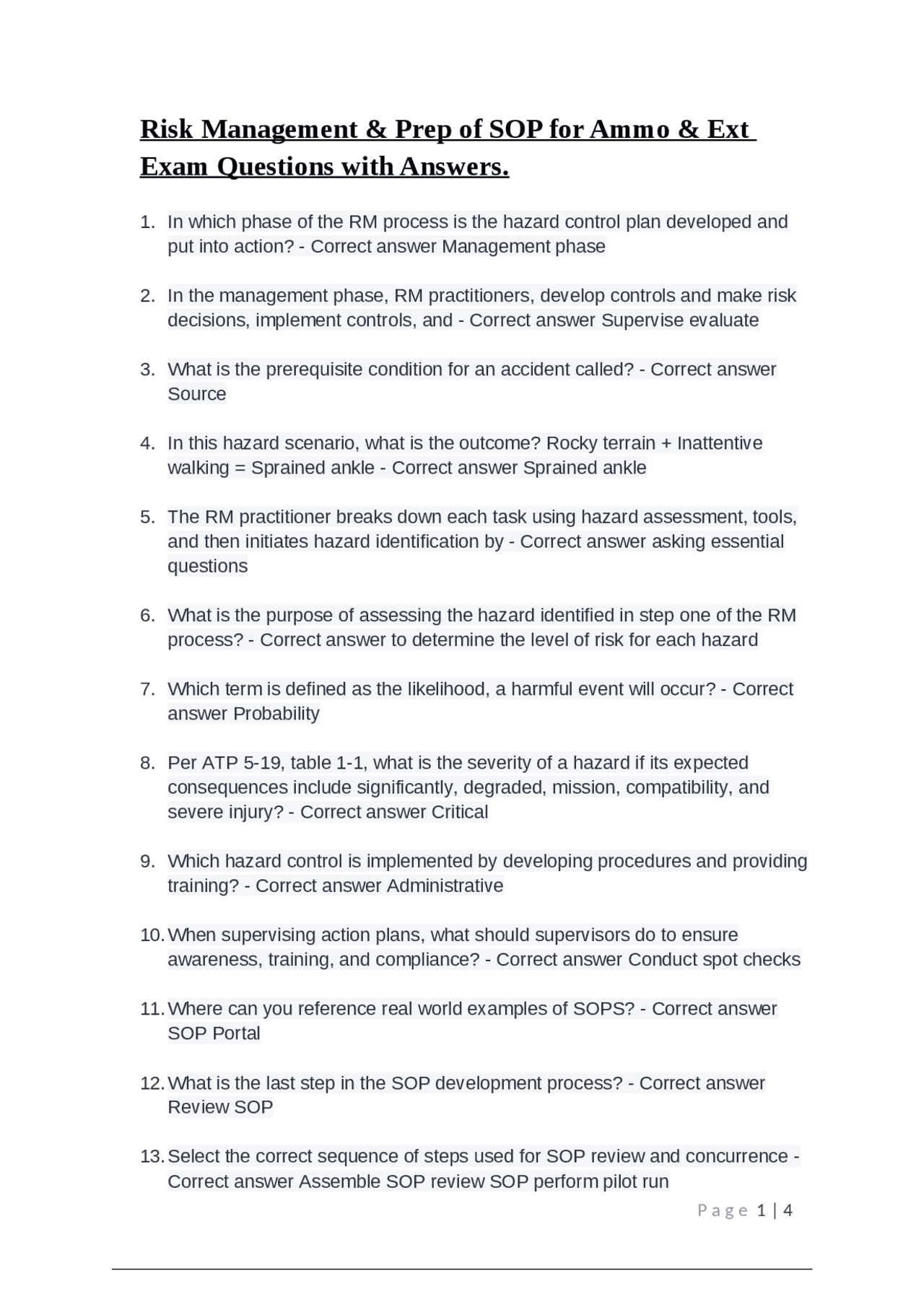 Risk Management & Prep of SOP for Ammo & Exp Exam Questions with ...