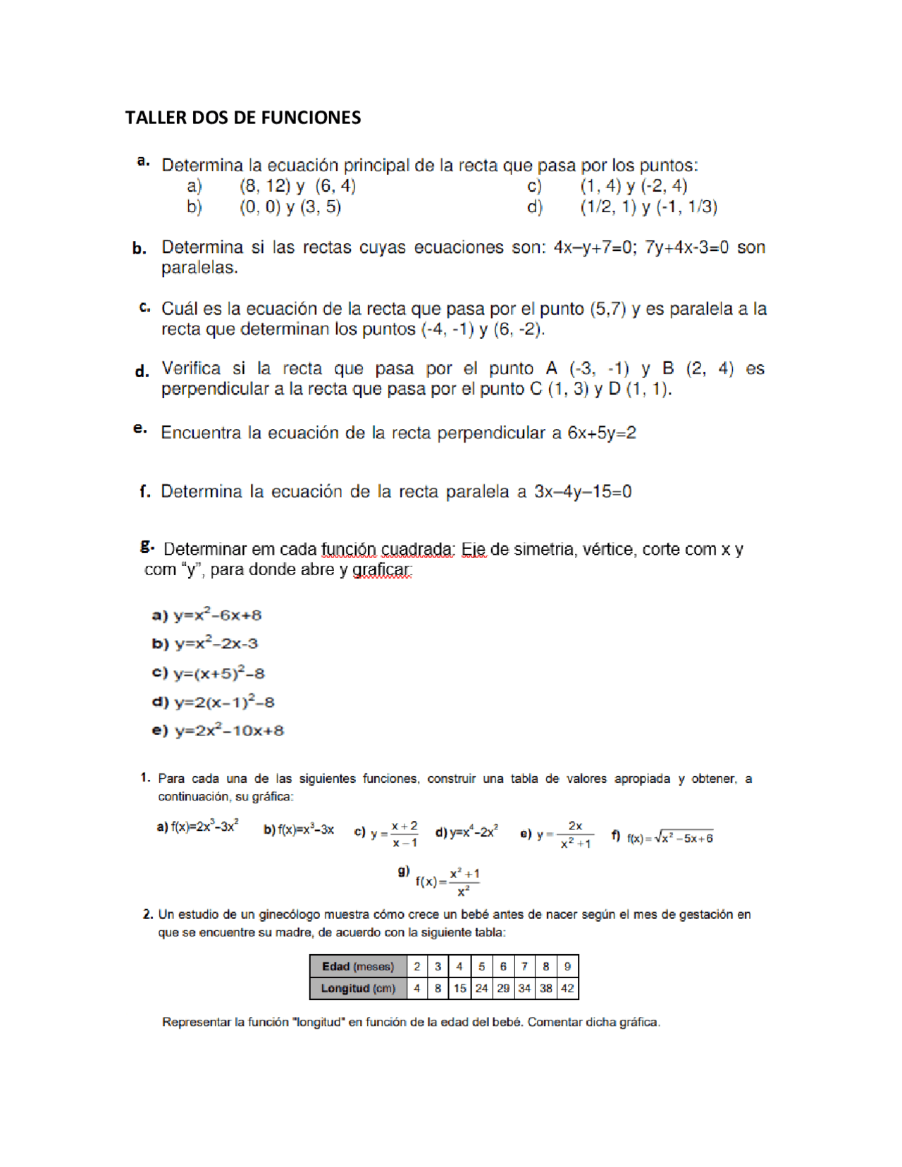 Taller de funciones de primer grado | Ejercicios de Cálculo | Docsity