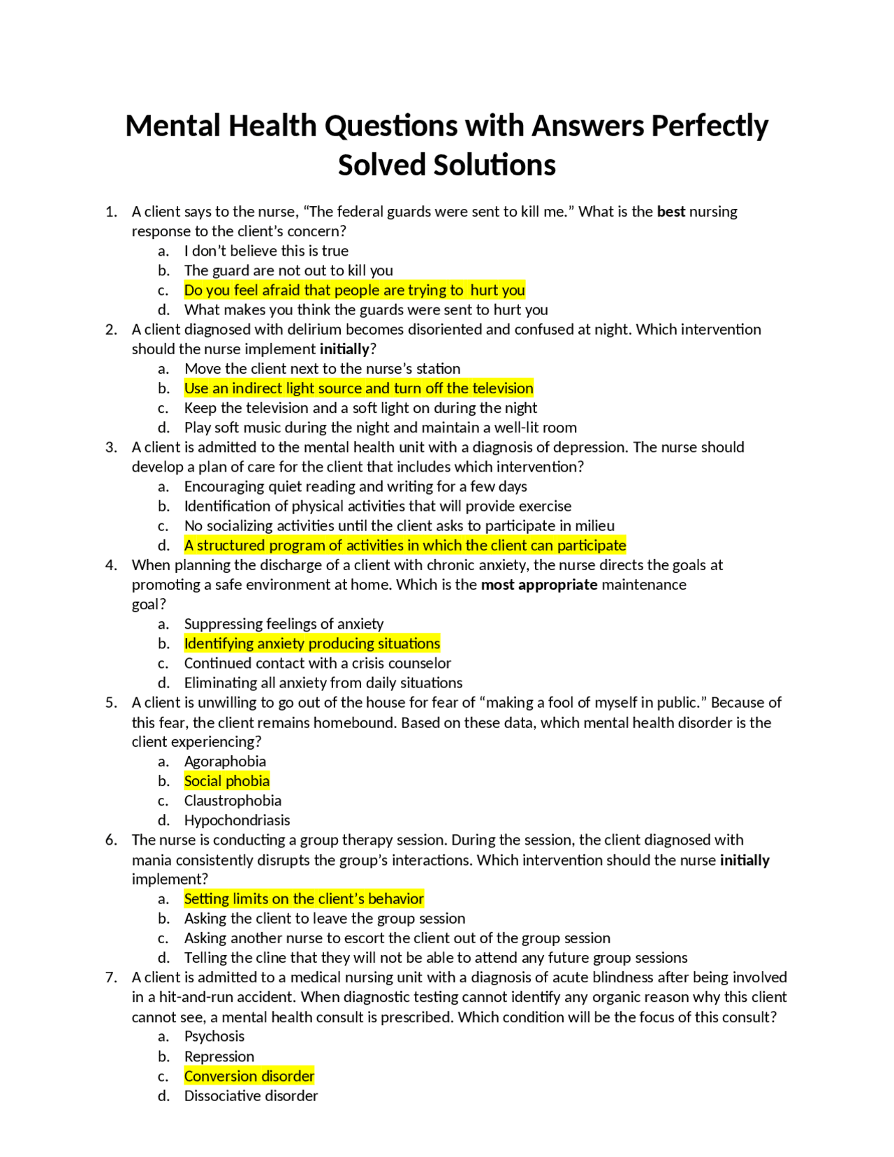 Mental Health Questions with Answers Perfectly Solved Solutions | Exams ...