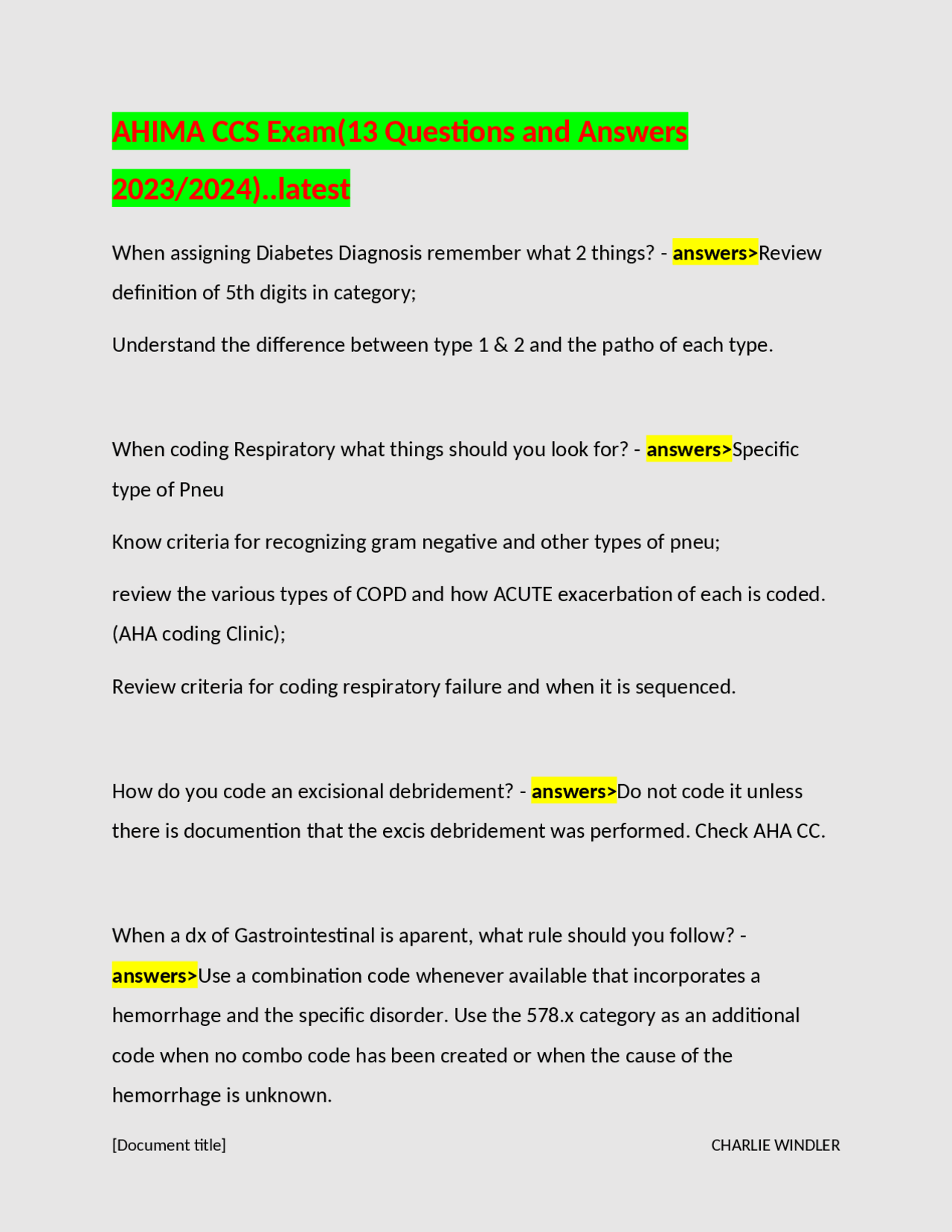 AHIMA CCS Exam Study Notes 2023/2024: Diagnosis, Respiratory, Coding ...