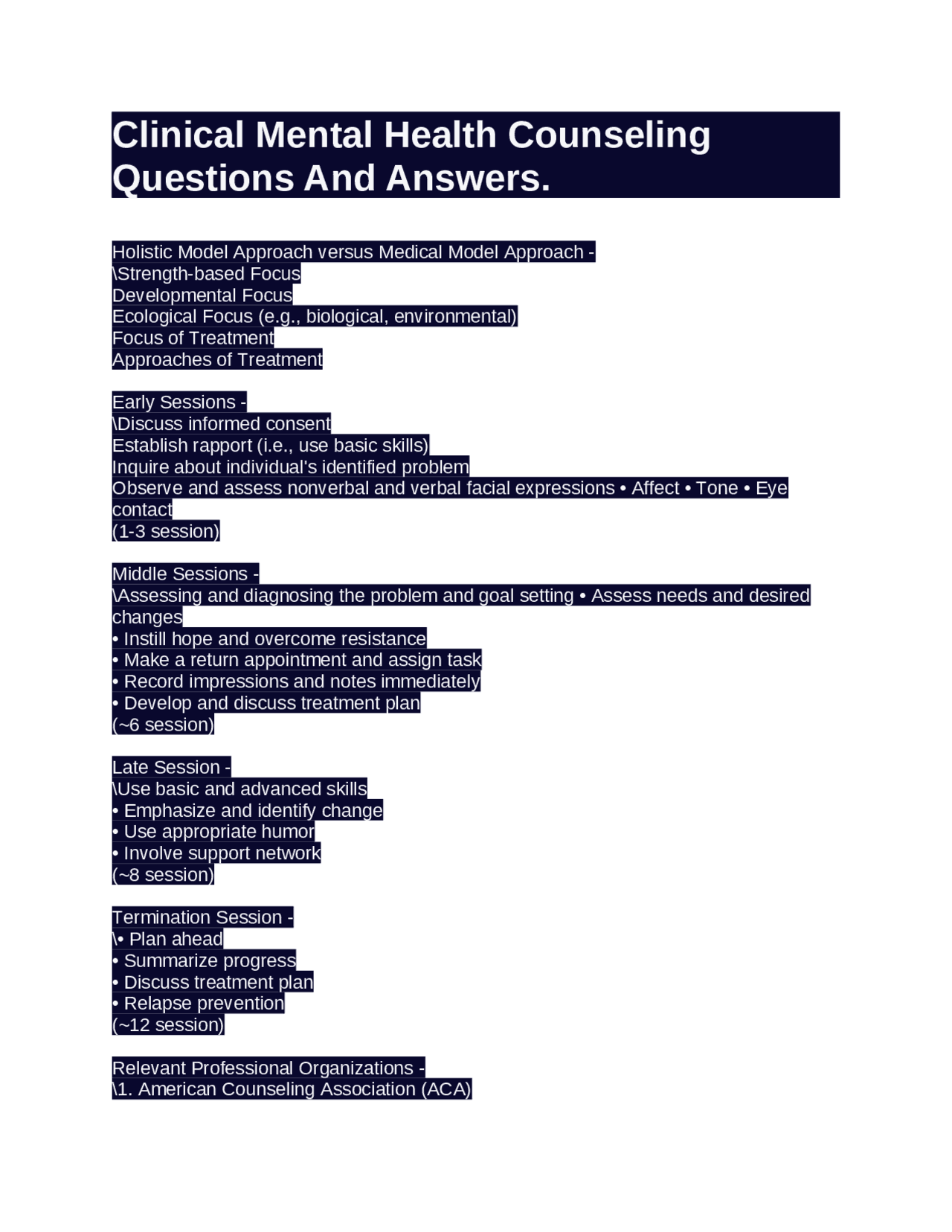 Clinical Mental Health Counseling Questions And Answers. | Exams ...