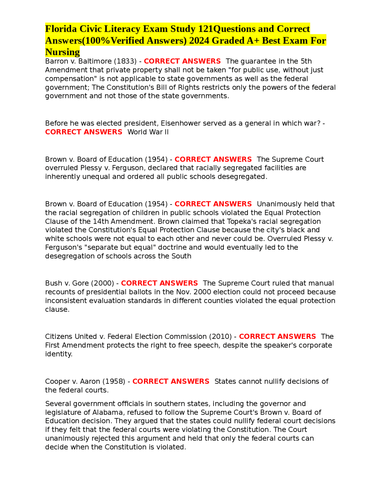 Florida Civic Literacy Exam Study Guide for Nursing Students | Exams ...