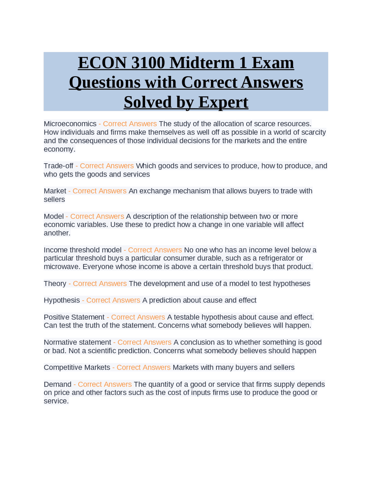 Econ 3100 Midterm 1 Exam Questions With Correct Answers Solved By