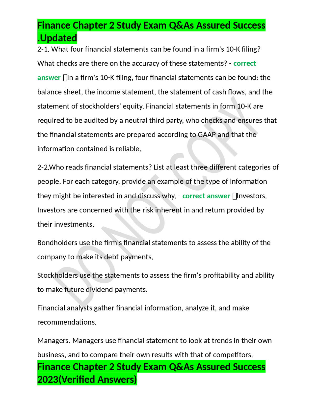 Finance Chapter 2 Study Exam Q&As: Understanding Financial Statements and Ratios | Exams Finance ...