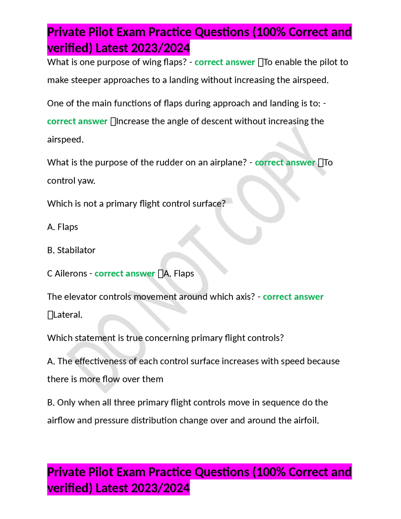 Private Pilot Exam Practice Questions (100% Correct and verified ...